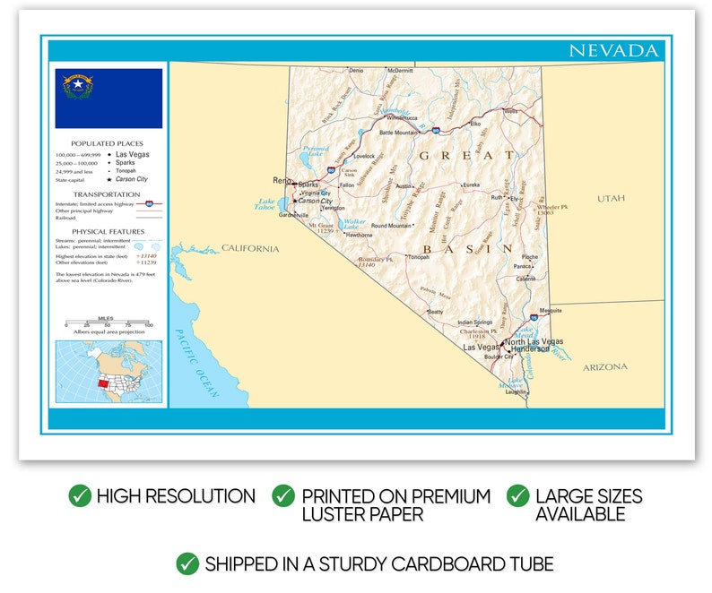 Atlas Nevada State Maps Wall Decor USA Map Poster Small to Large ...