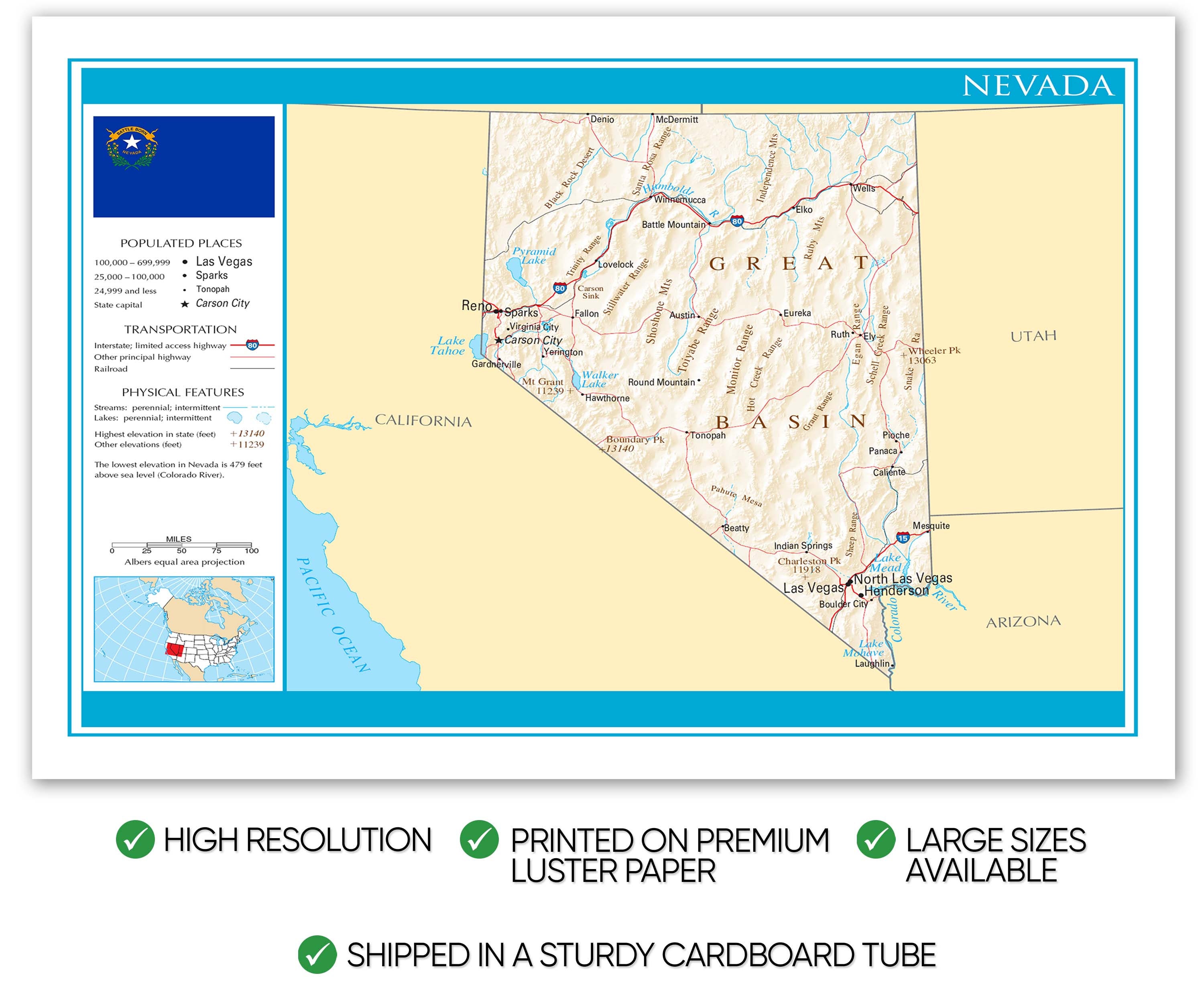 Atlas Nevada State Maps Wall Decor USA Map Poster Small to Large ...