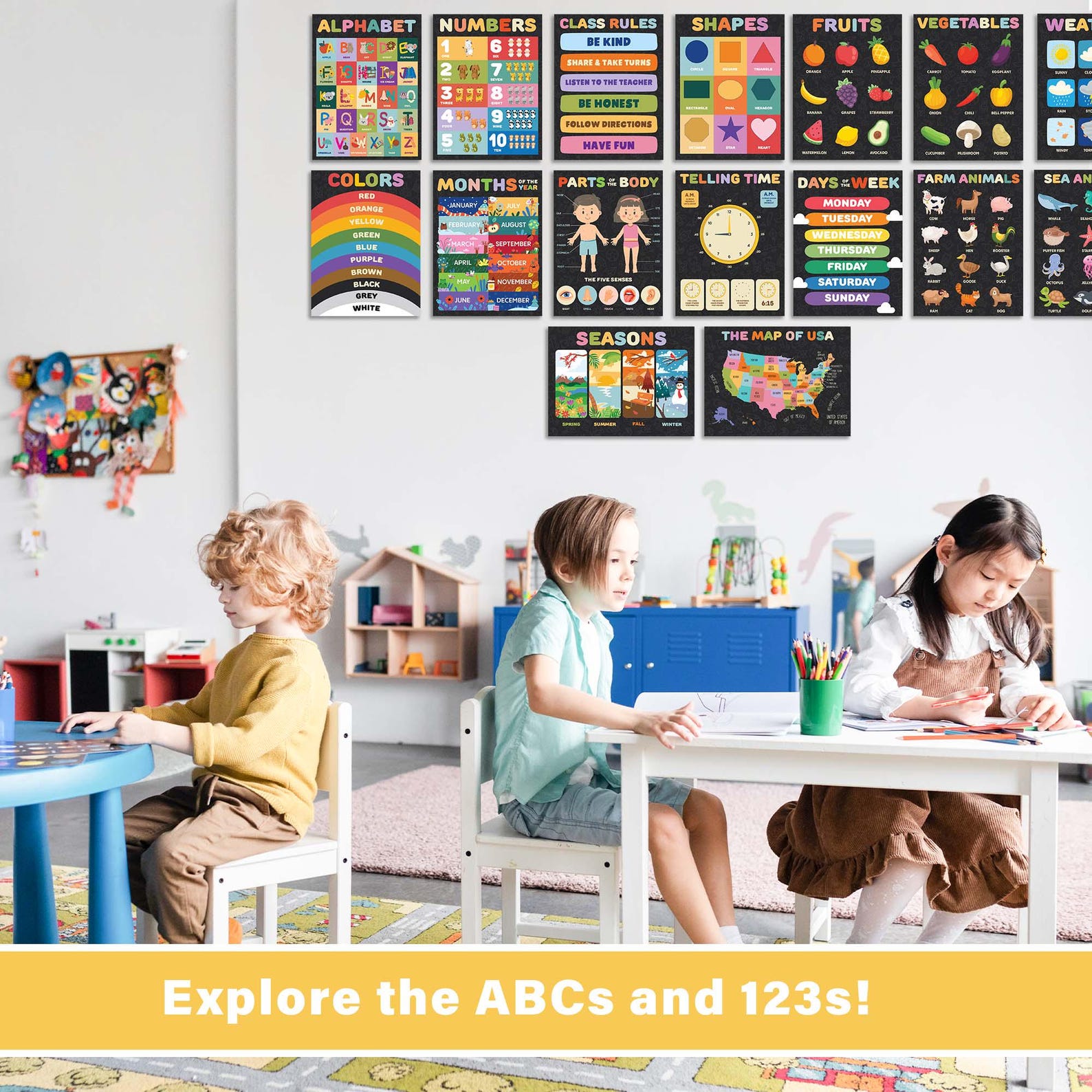 Set of 18 Kids Educational Posters, Alphabet Posters,playroom Prints ...