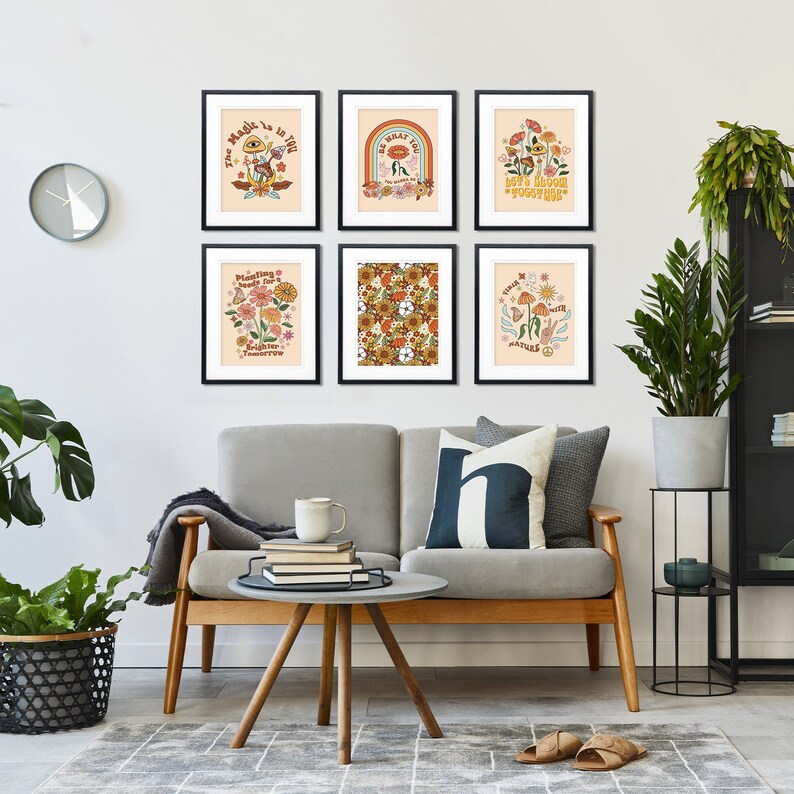 Retro Groovy Floral Set of 6 Positive Quote Motivational Posters ...