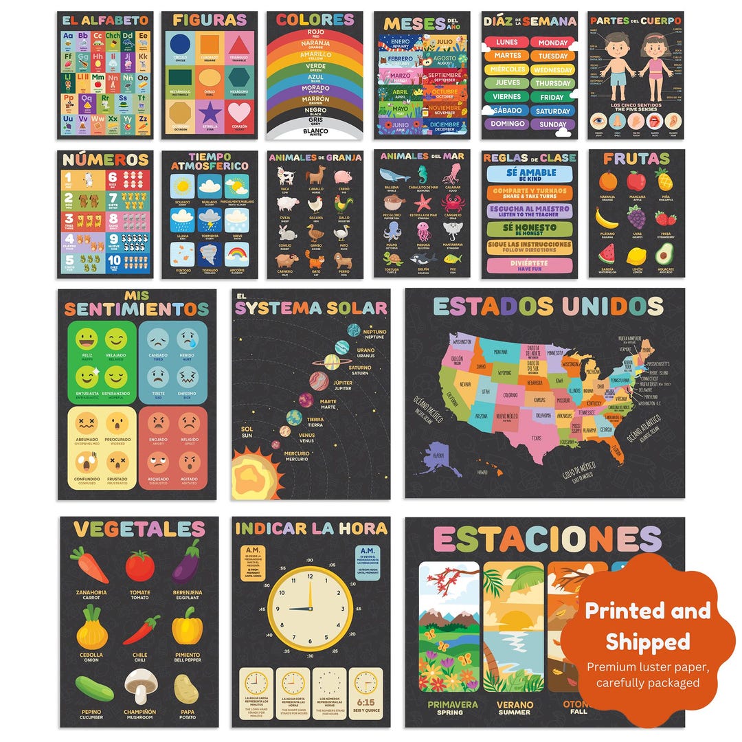Set of 18 Kids Spanish Educational Posters, Alphabet Poster,playroom ...