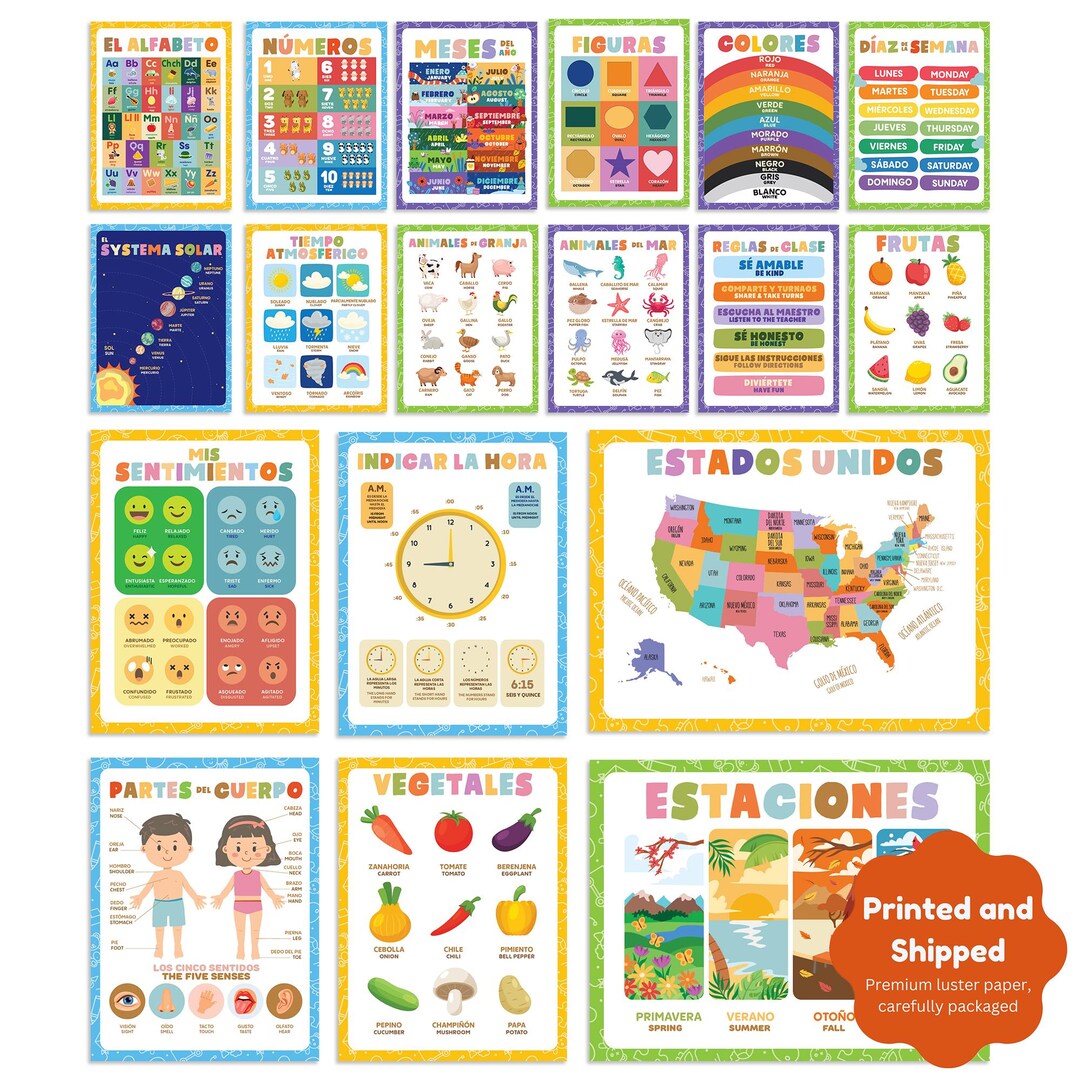 Set of 34 Kids Spanish Educational Posters, Alphabet Posters,playroom ...