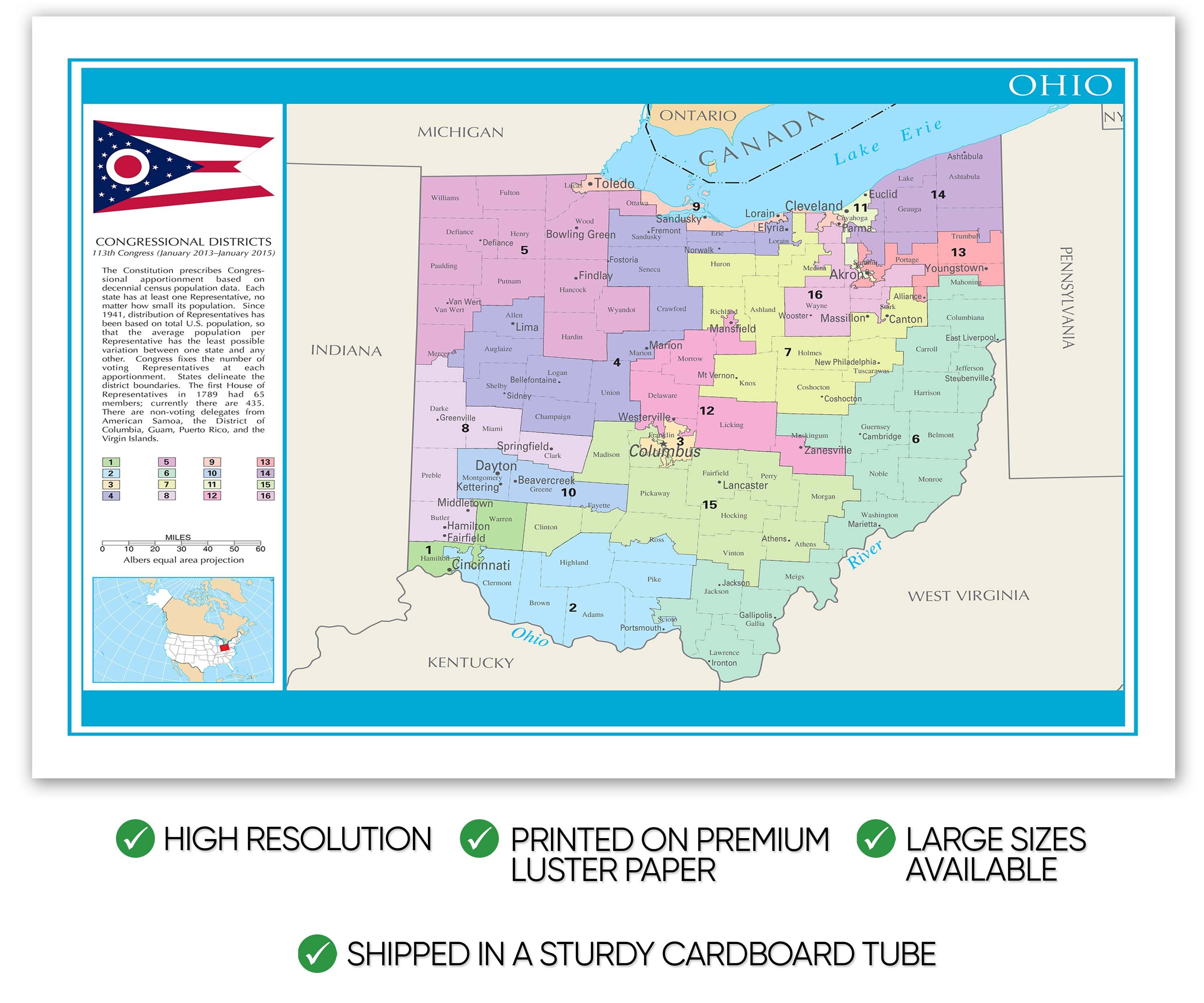 Ohio Map With Cities United States Map Print Wall Art Travel Map With ...