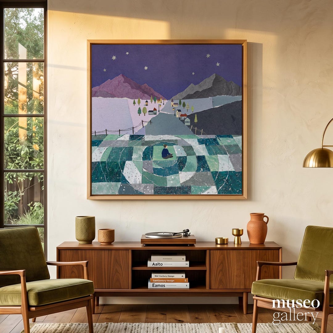 Mountain Village Nightscape Canvas: Whimsical Landscape Wall Art ...