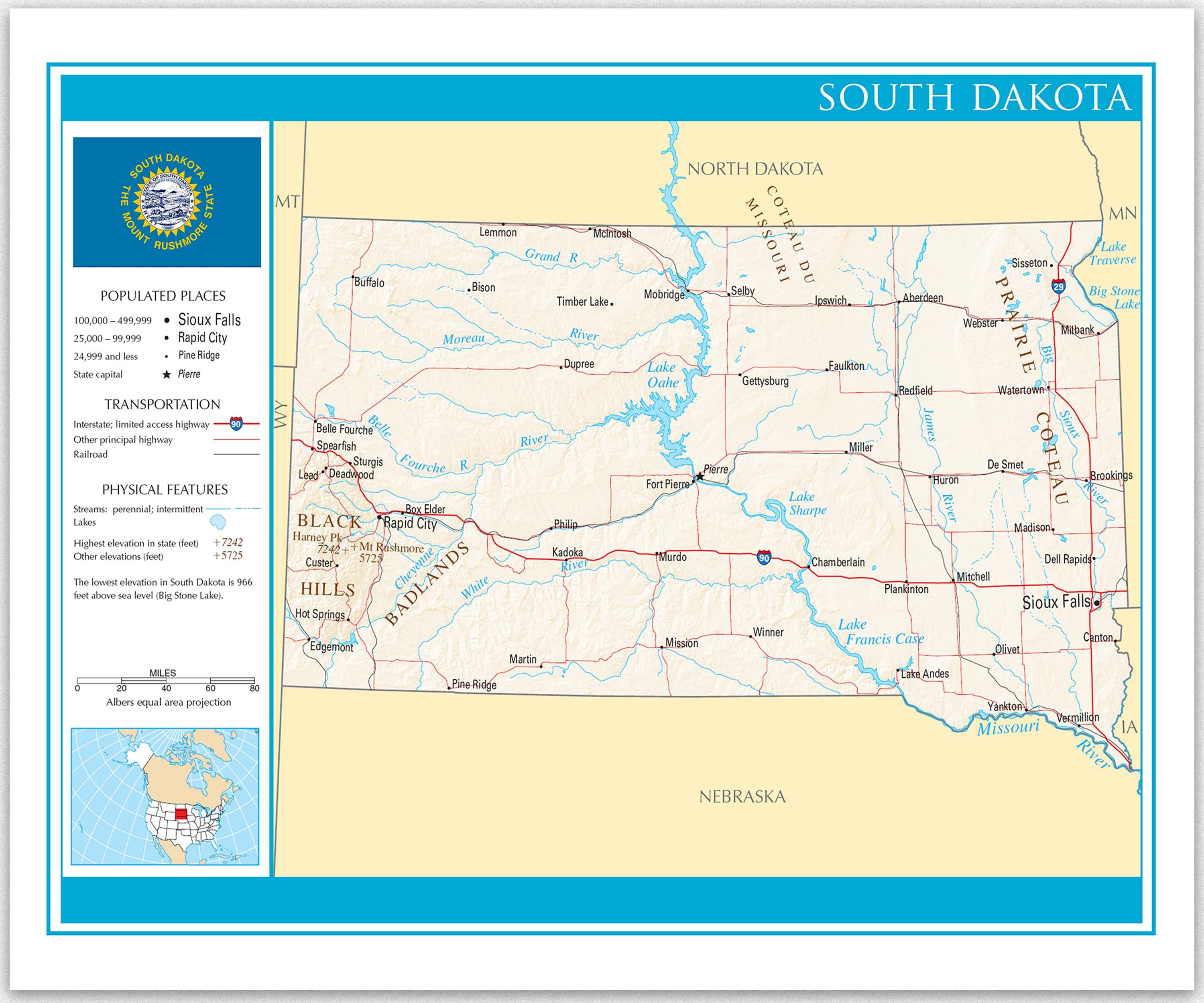 South Dakota Map Detailed Map of South Dakota State South Dakota Geography Wall Decor South ...