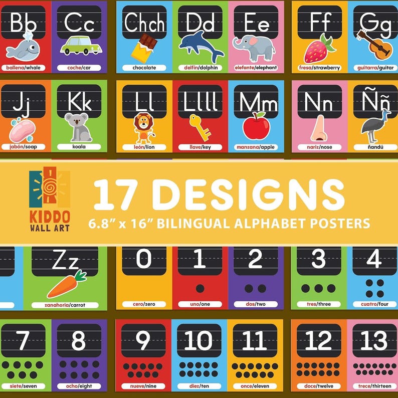 Set of 17 Kids Spanish Black Educational Posters, Alphabet Poster ...
