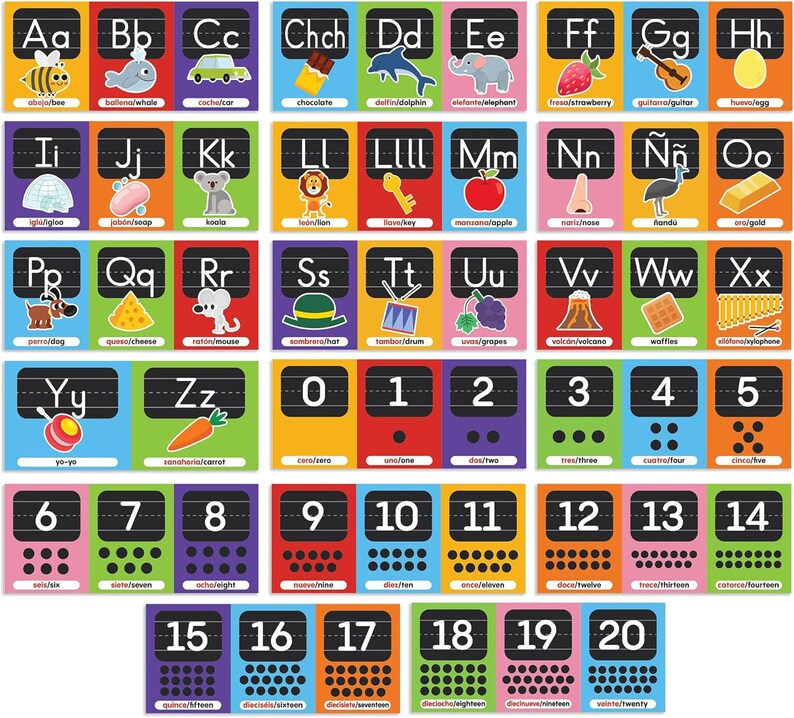 Set of 17 Kids Spanish Black Educational Posters, Alphabet Poster ...