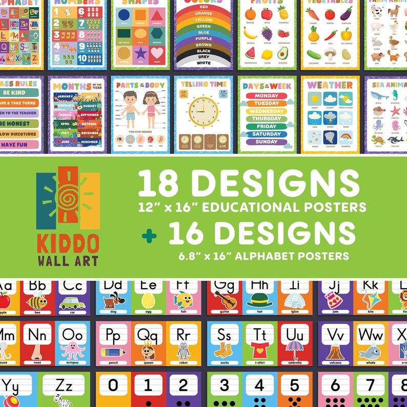 Kids Educational Posters: Alphabet, Numbers, Shapes - Set of 34 - Etsy