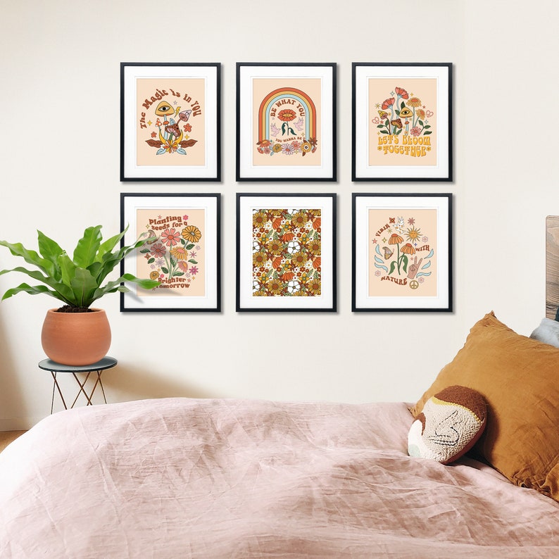 Retro Groovy Floral Set of 6 Positive Quote Motivational Posters ...