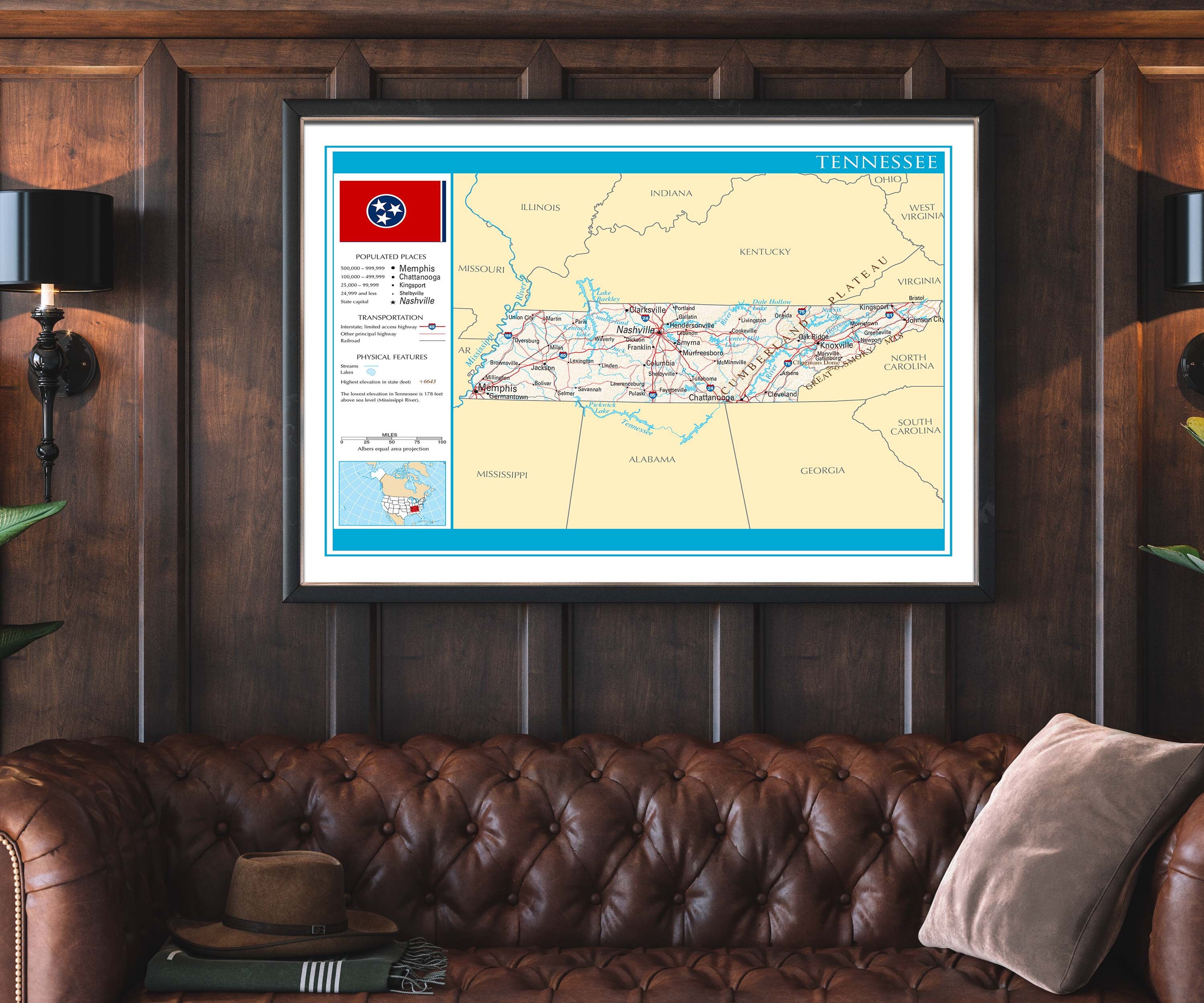 Tennessee Map Detailed Map of Tennessee State Tennessee Geography Wall ...