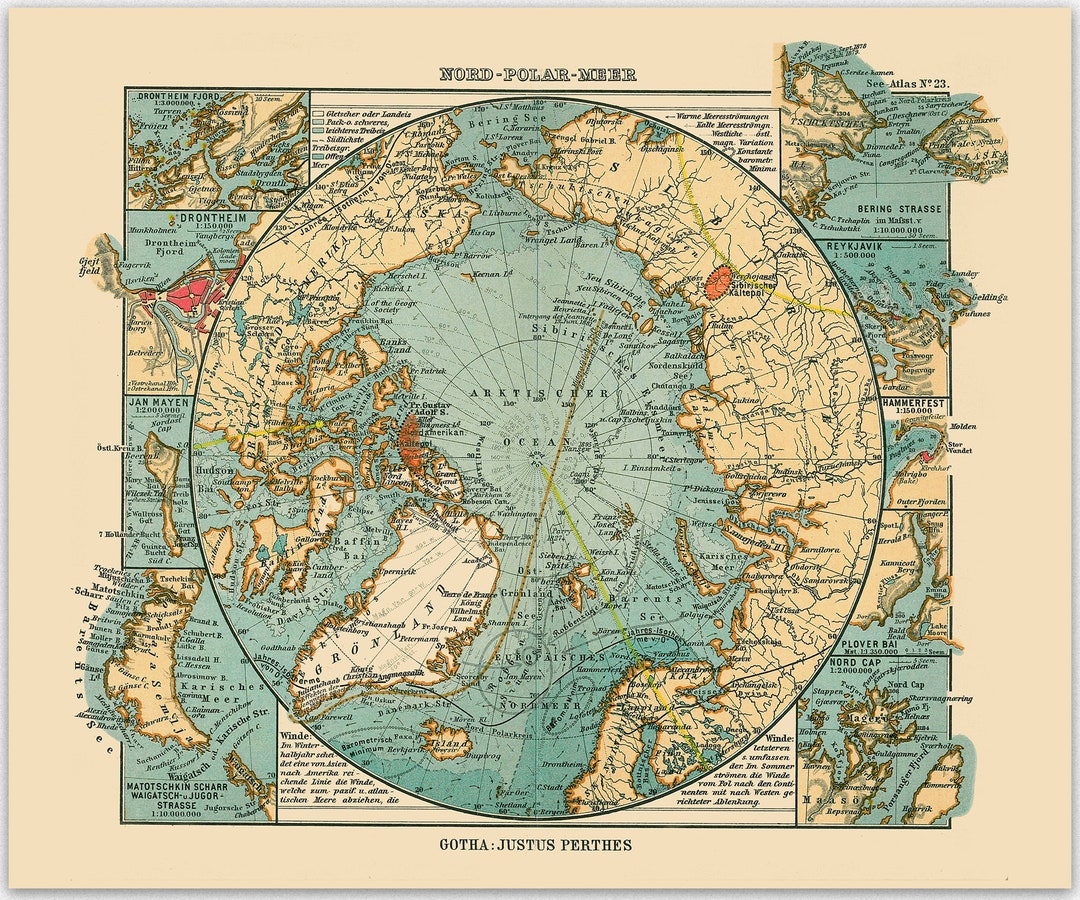 Arctic Ocean Justus Perthes Arctic Poster / Vintage Map of Arctic Ocean ...