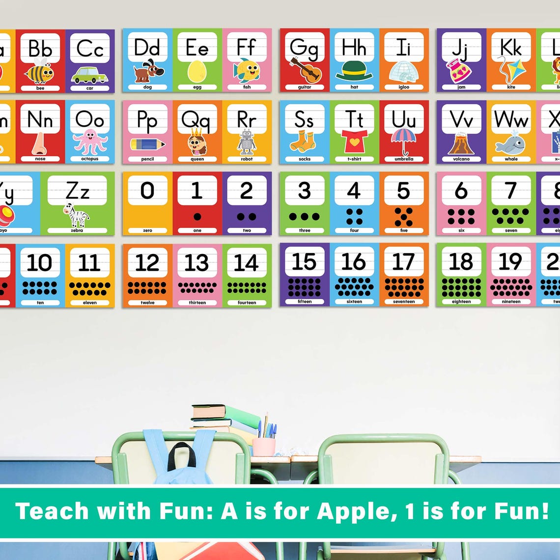 Set of 16 Alphabets and Numbers Learning Posters, Educational Posters ...
