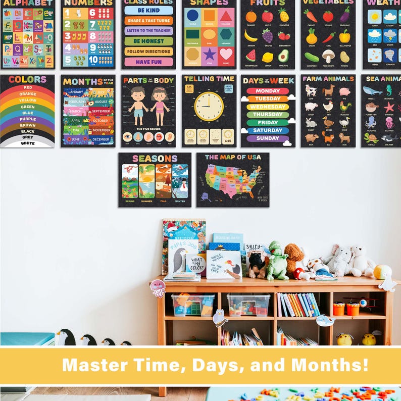 Set of 18 Kids Educational Posters, Alphabet Posters,playroom Prints ...