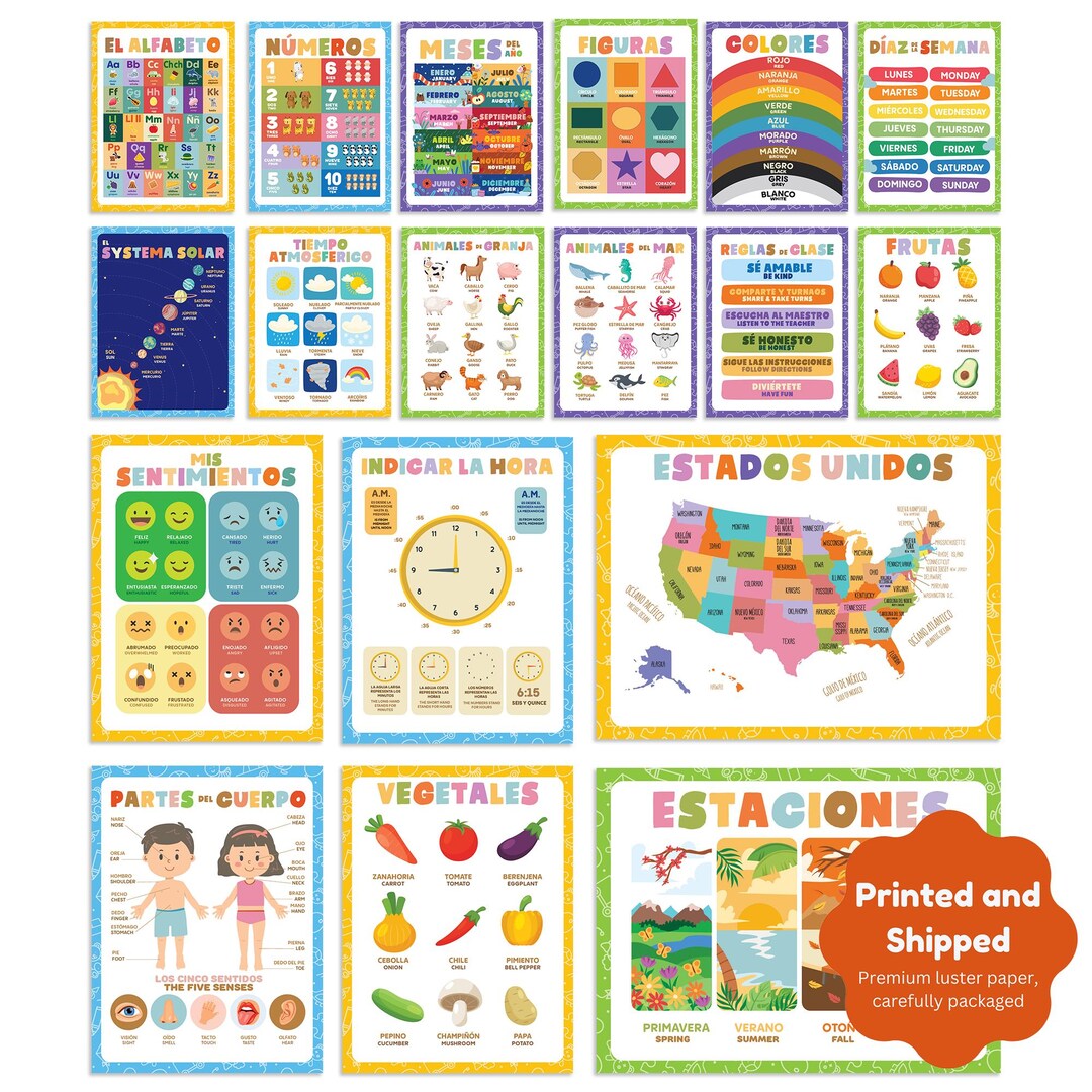 Set of 18 Kids Spanish Educational Posters, Alphabet Posters,playroom ...