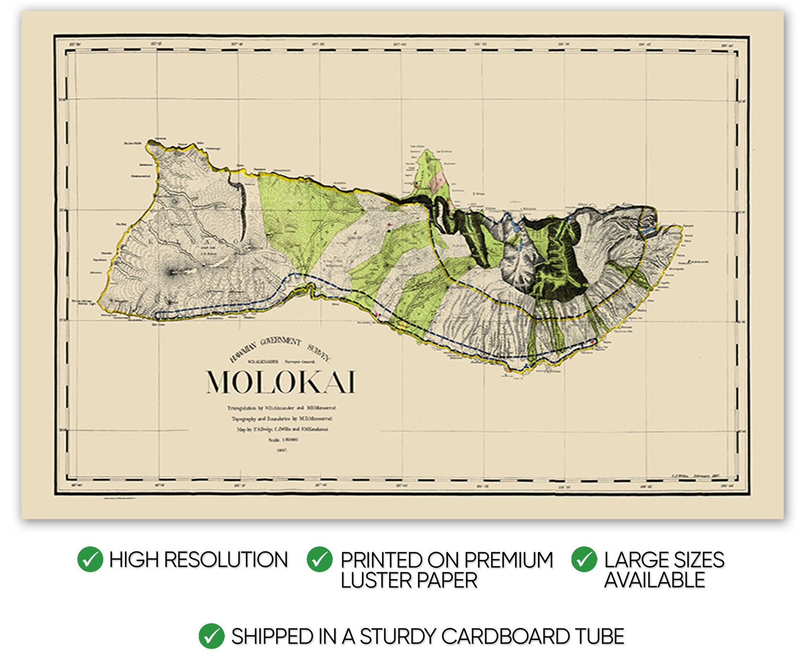 Molokai, Hawaiian Islands 1906 Hawaiian Map / Detailed Map of Hawaii ...