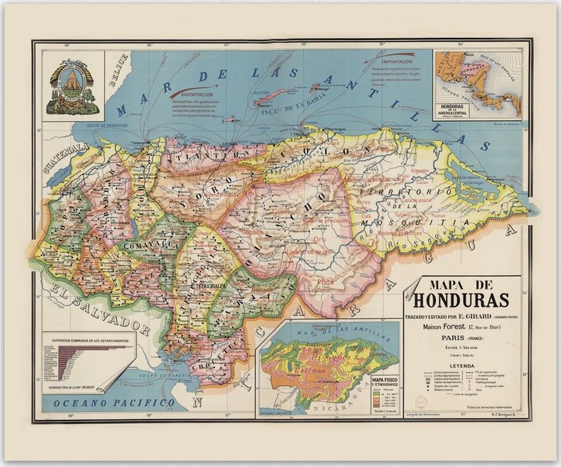 Honduras Map Wall Decor Central America Poster Mapa De Honduras ...
