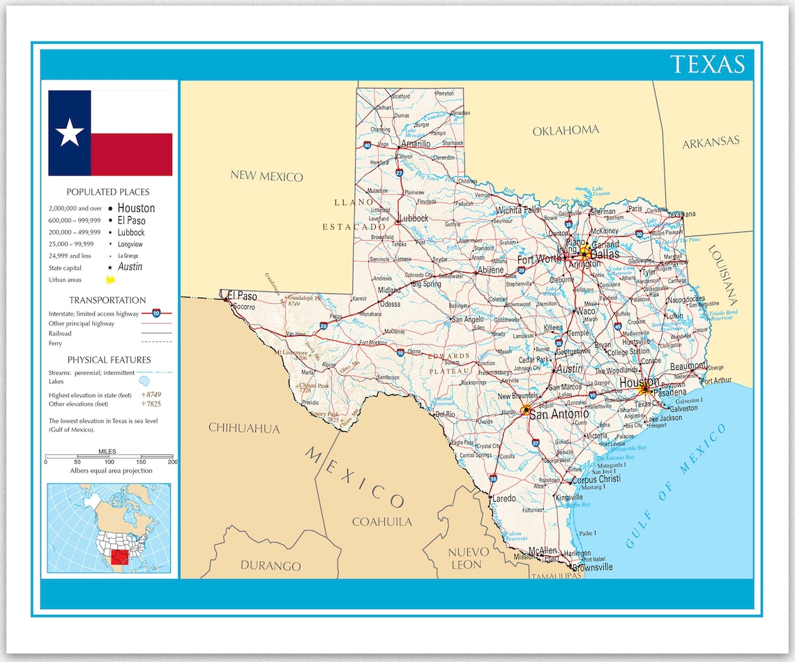 Mapa de Texas Mapa detallado del estado de Texas Geografía de - Etsy México