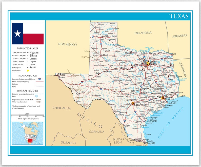 Texas Map Detailed Map of Texas State Texan Geography Wall - Etsy UK