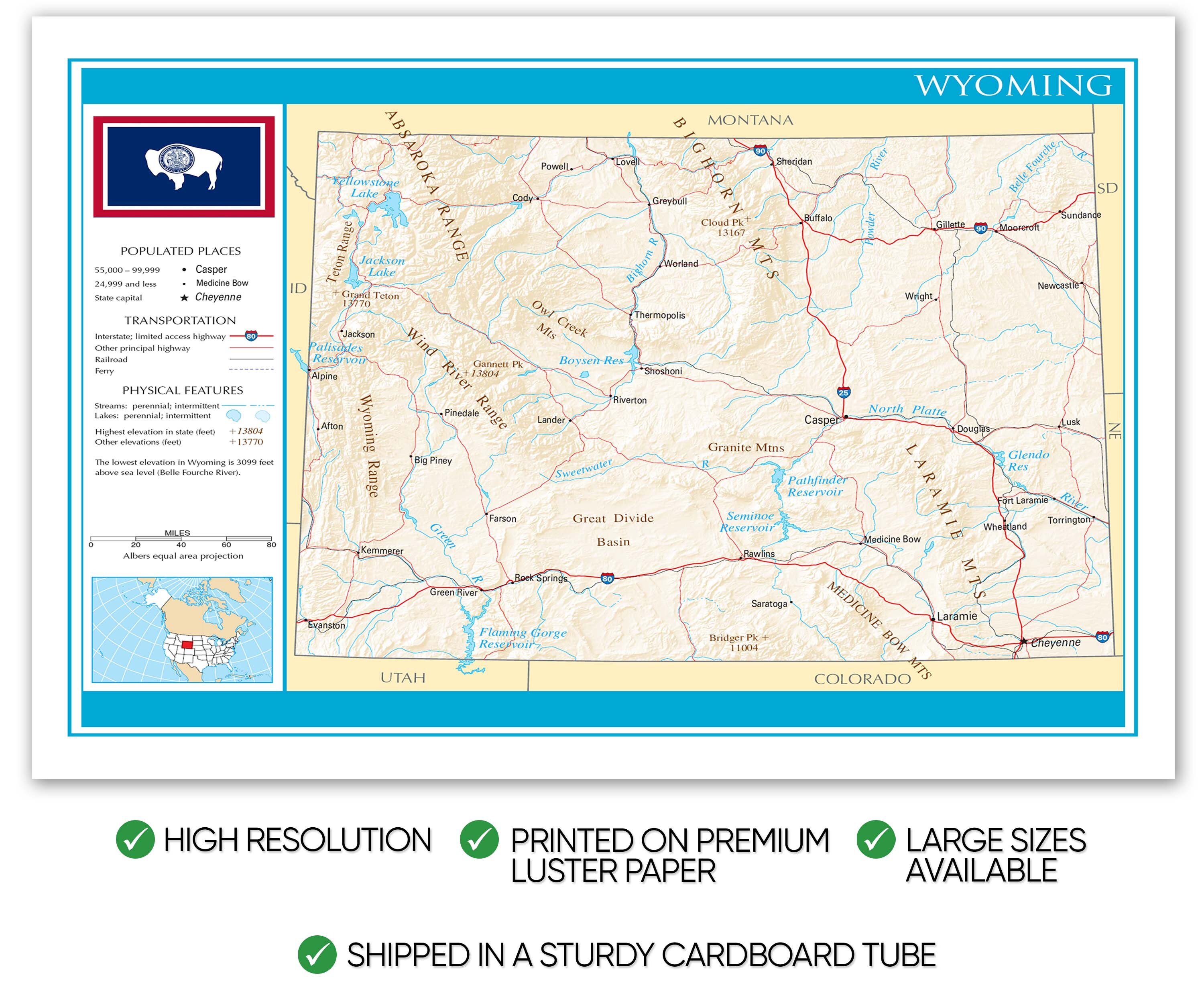 Wyoming Map Detailed Map of Wyoming State Wyoming Geography Wall Map ...