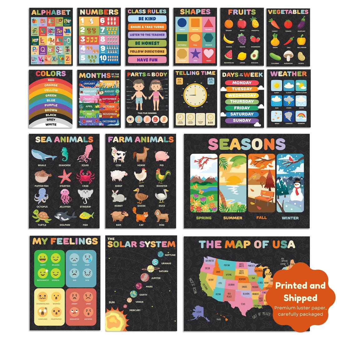 Set of 18 Kids Educational Posters, Alphabet Posters,playroom Prints ...