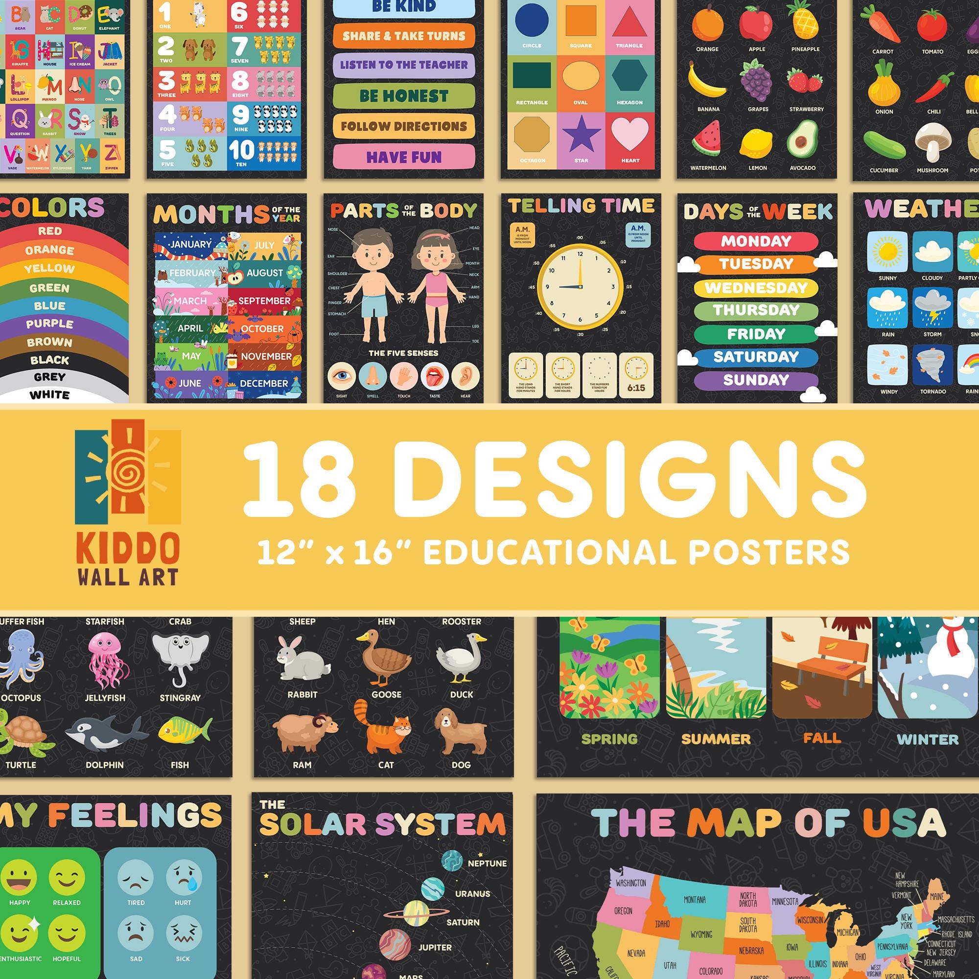 Set of 18 Kids Educational Posters, Alphabet Posters,playroom Prints ...