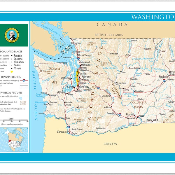 Map of Washington State - Etsy