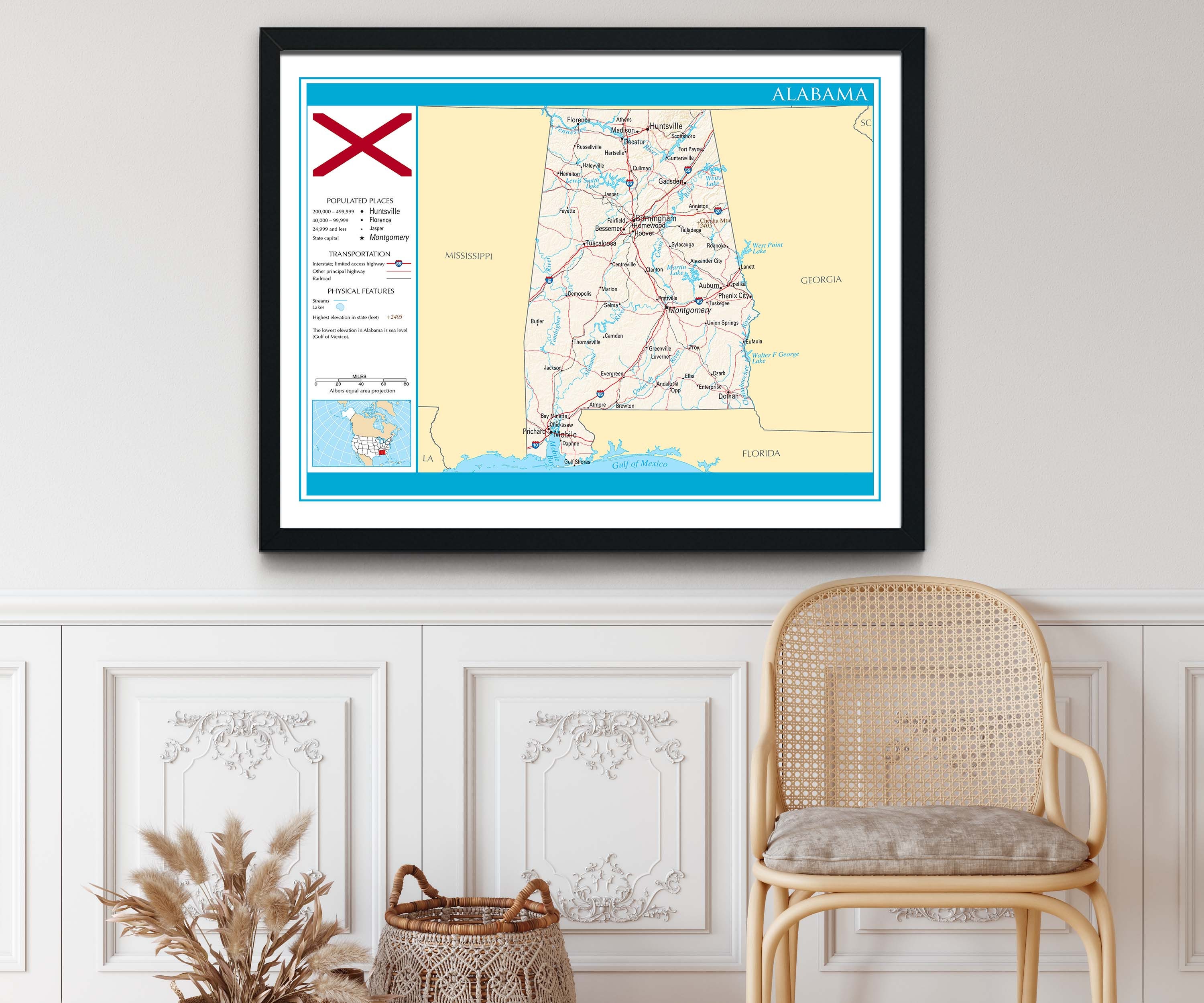 United States Poster USA Atlas Map Alabama Wall Art / Home Office Wall ...
