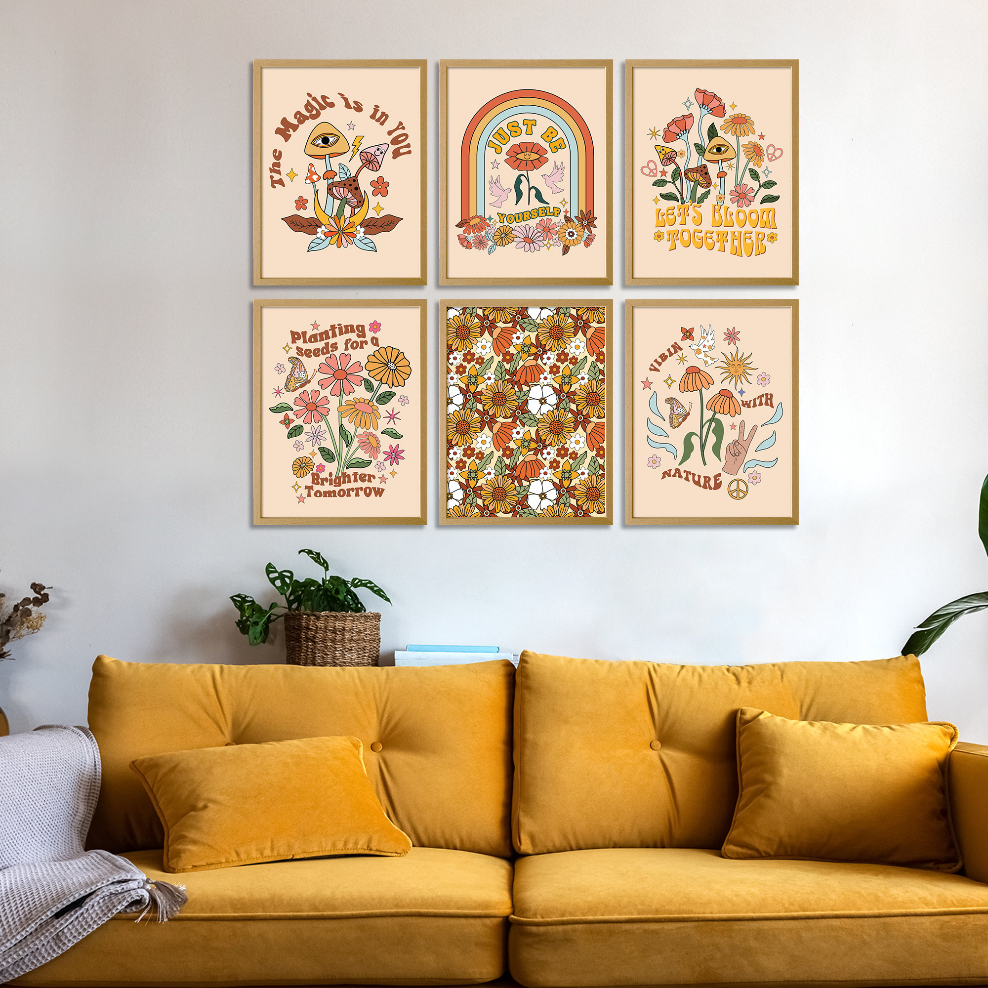 Retro Groovy Floral Set of 6 Positive Quote Motivational Posters ...