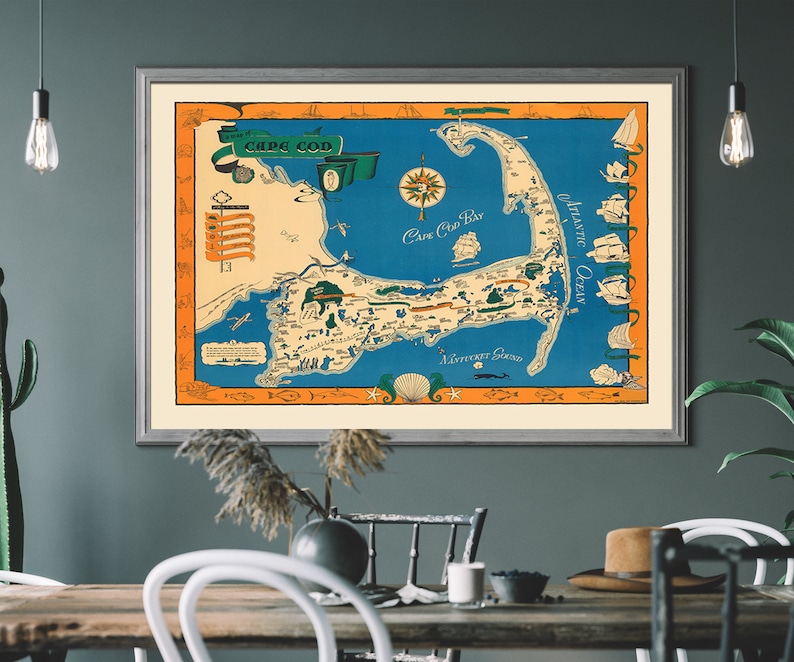 Cape Cod Vintage Map US State of Massachusetts Hyannis Point JF Kennedy ...