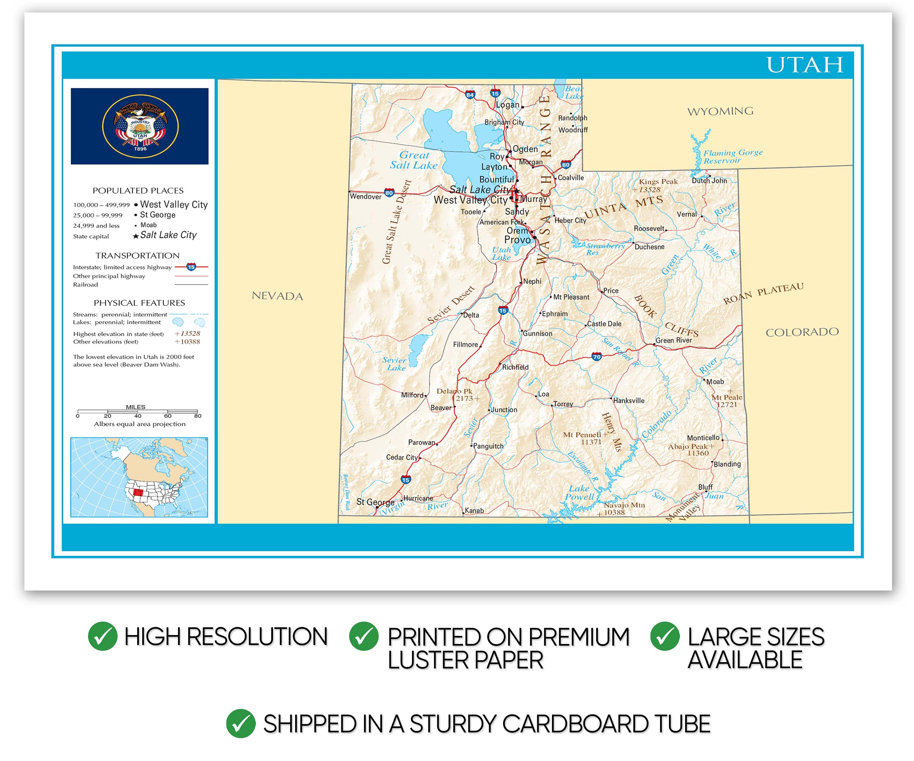 Utah Map Detailed Map of Utah State Utah Geography Wall Decor Utah ... Utah Map Detailed Map of Utah State Utah Geography Wall Decor Utah ...