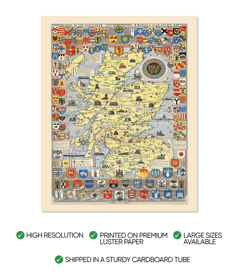 Scotland Map Map of Scotland Vintage Wall Decor Map Wall Art Historical ...