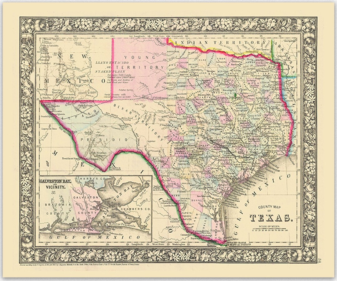 1866 Mitchell Texas Vintage Wall Decor Map Old Antique Wall Map ...