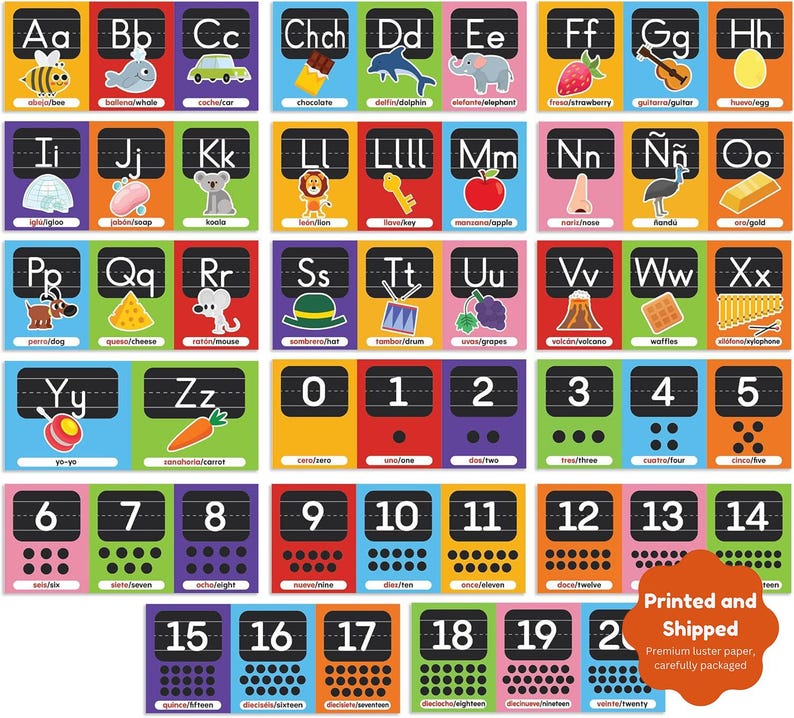 Set of 17 Kids Spanish Black Educational Posters, Alphabet Poster ...