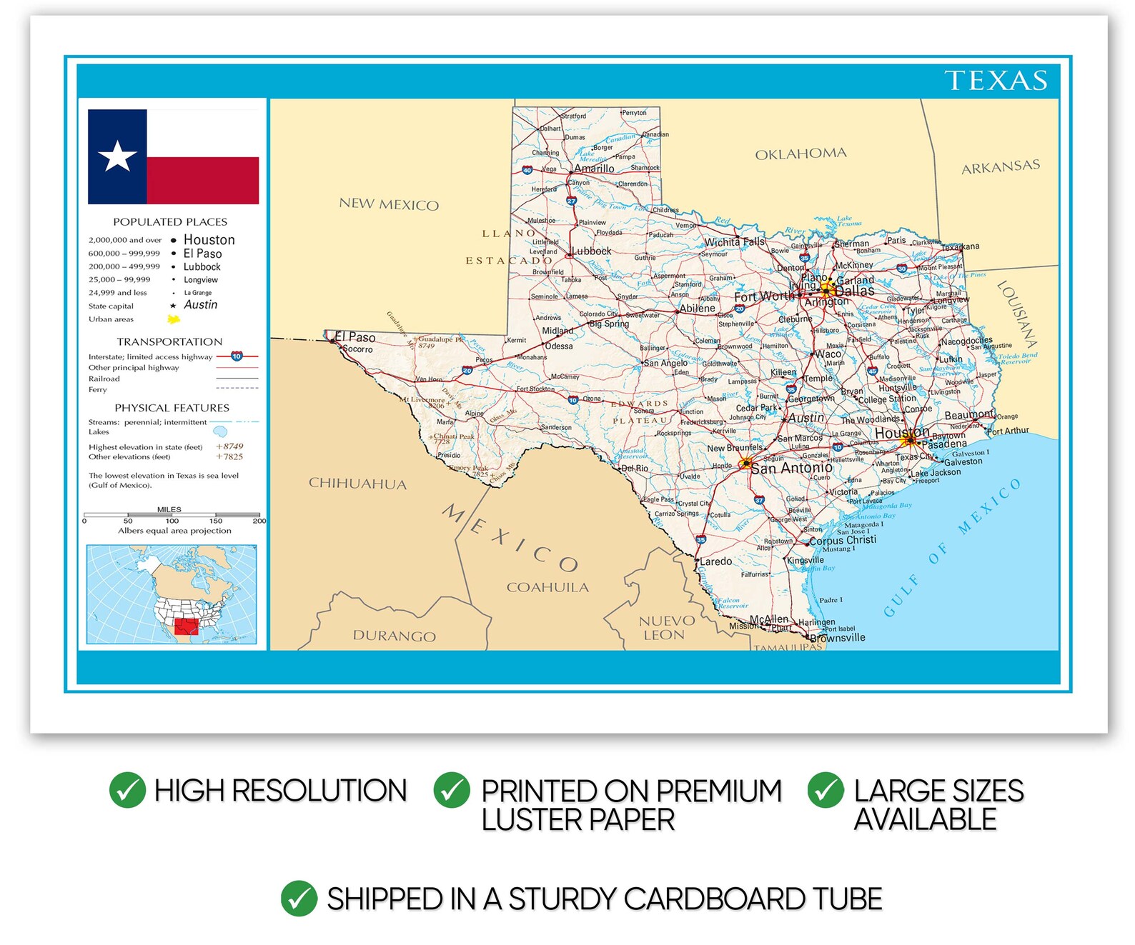 Mapa de Texas Mapa detallado del estado de Texas Geografía de - Etsy México