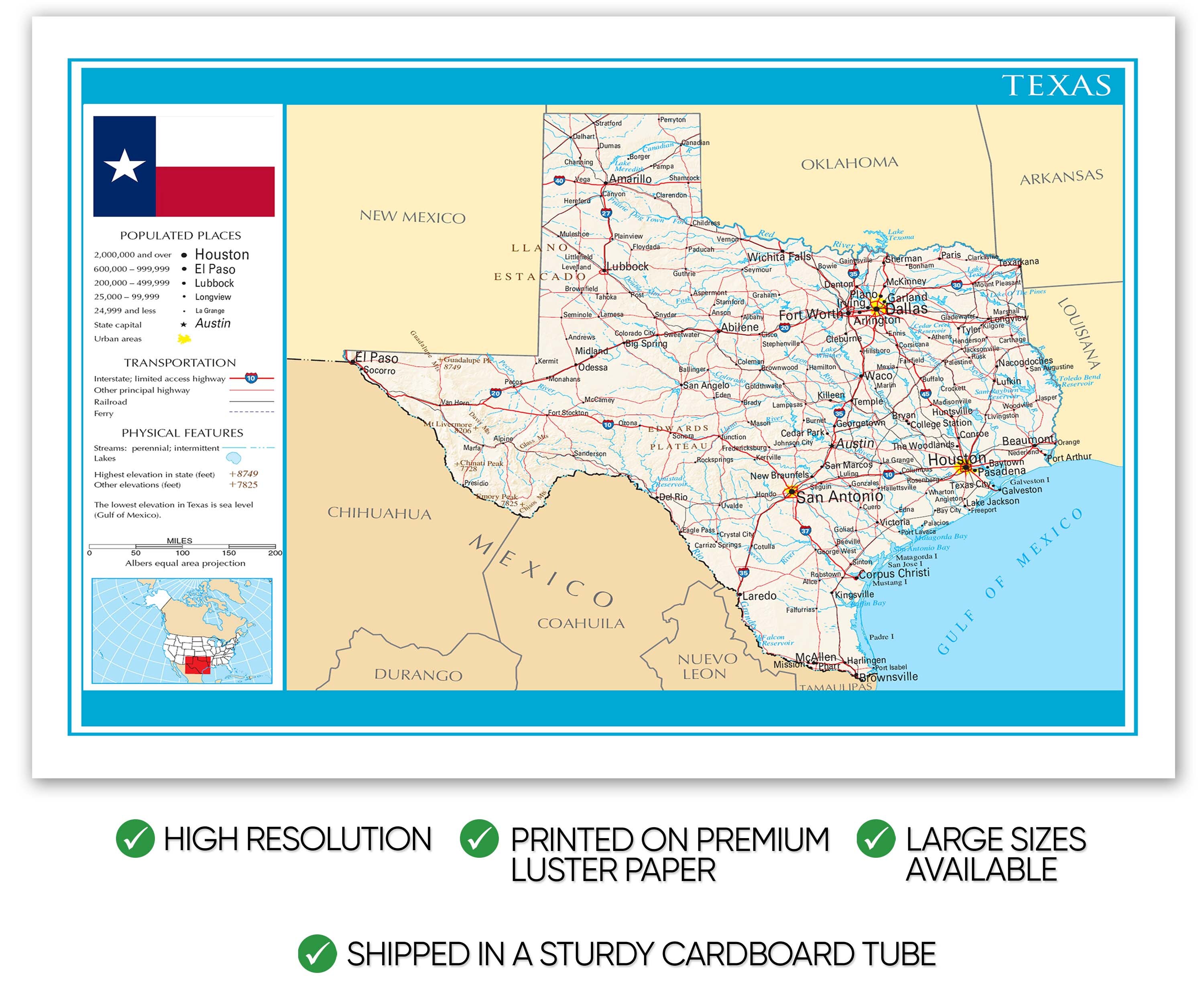 Mapa de Texas Mapa detallado del estado de Texas Geografía de - Etsy México