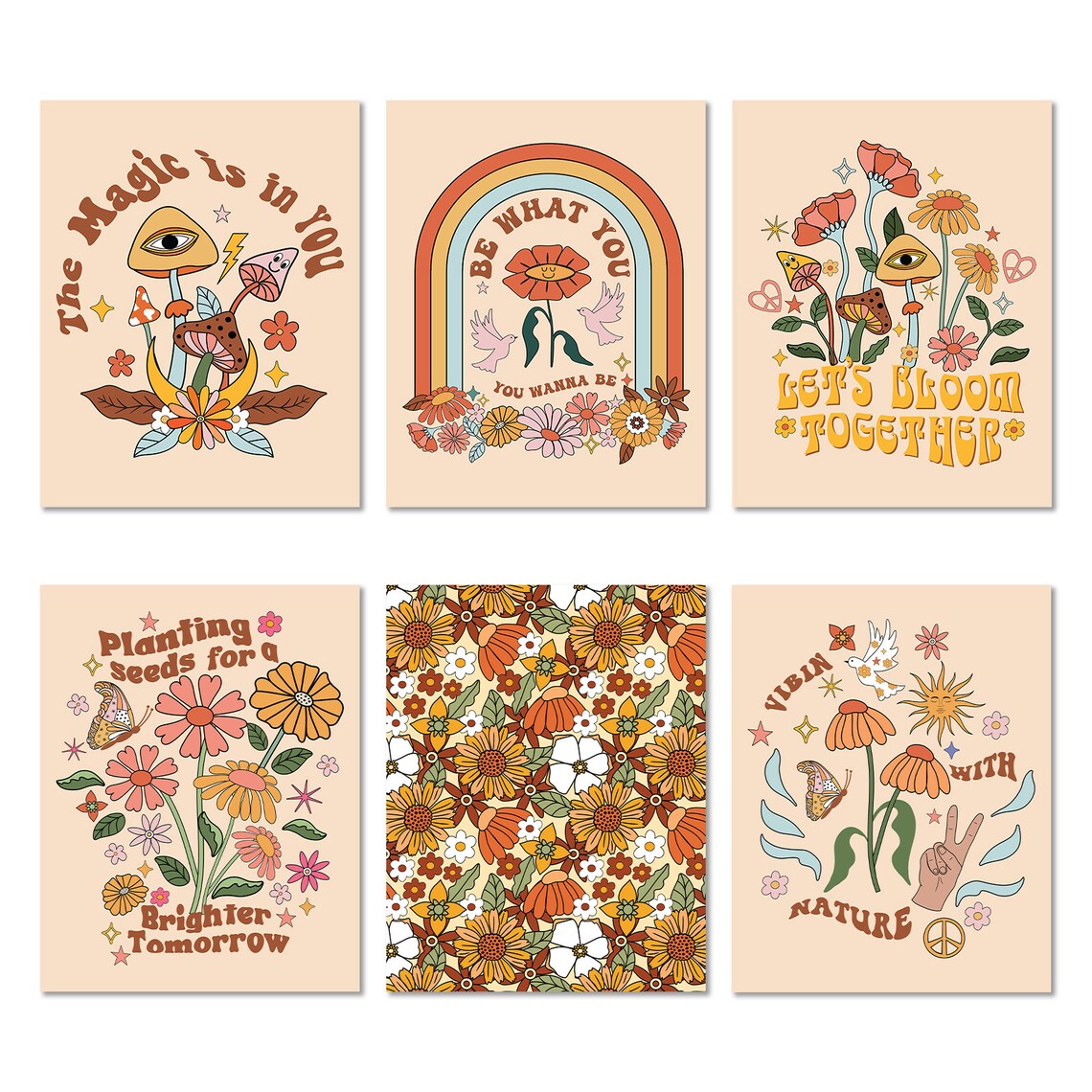 Retro Groovy Floral Set of 6 Positive Quote Motivational Posters ...