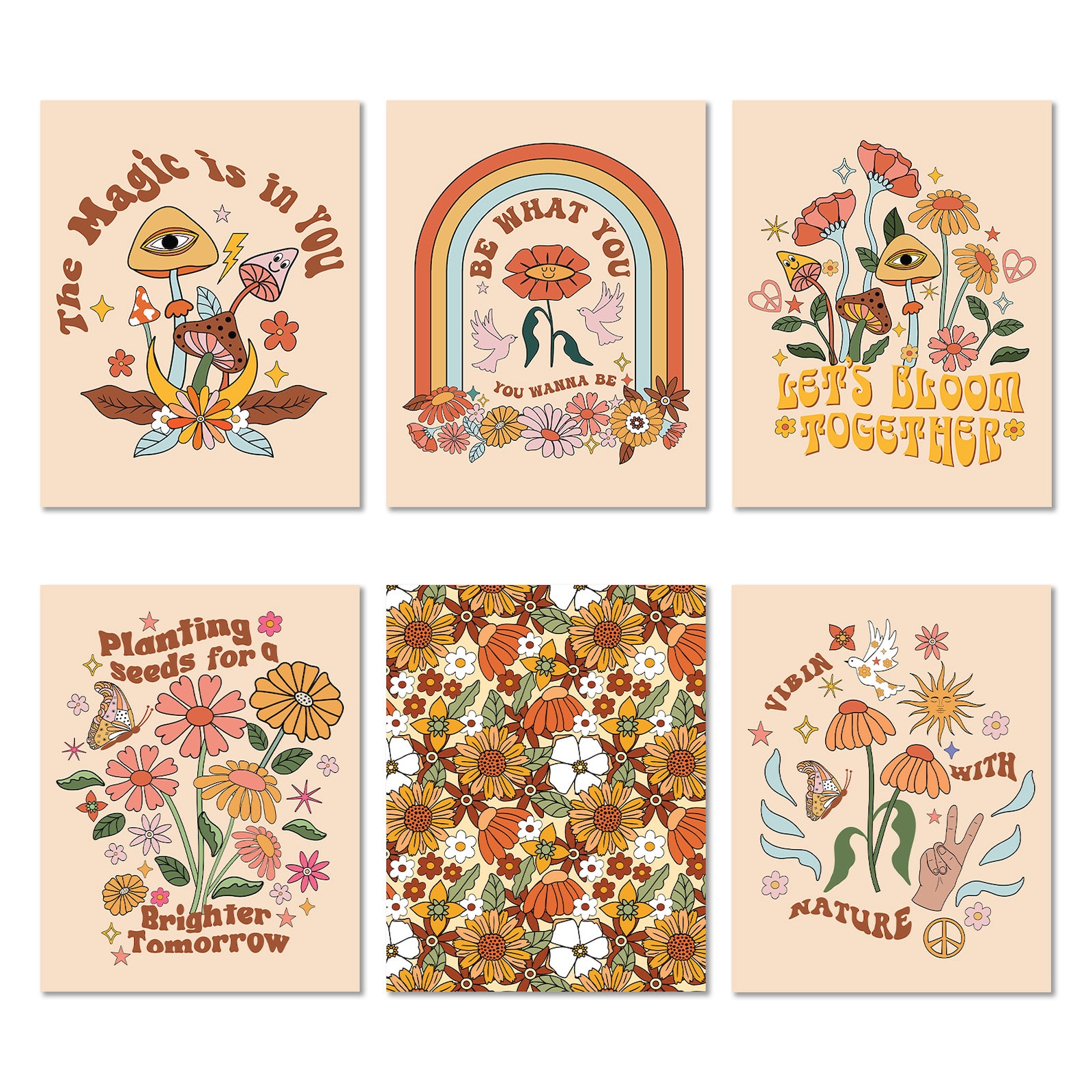Retro Groovy Floral Set of 6 Positive Quote Motivational Posters ...