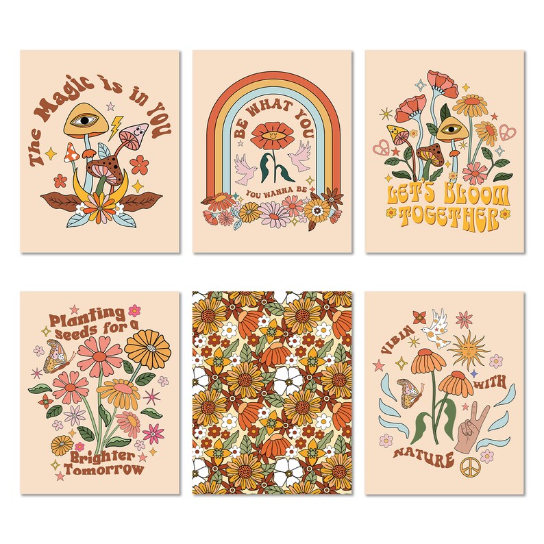 Retro Groovy Floral Set of 6 Positive Quote Motivational Posters ...