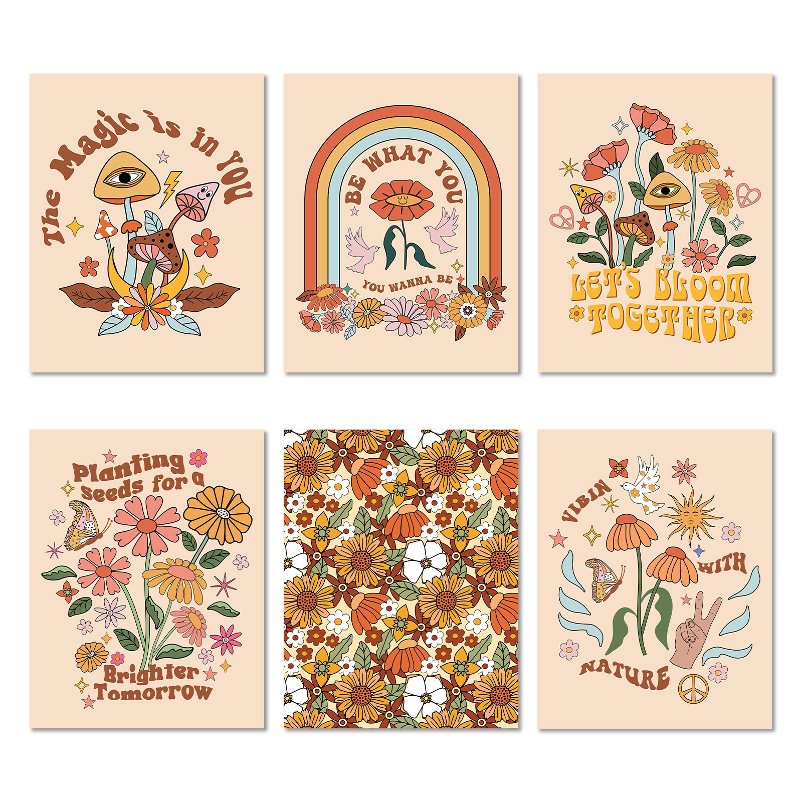 Retro Groovy Floral Set of 6 Positive Quote Motivational Posters ...