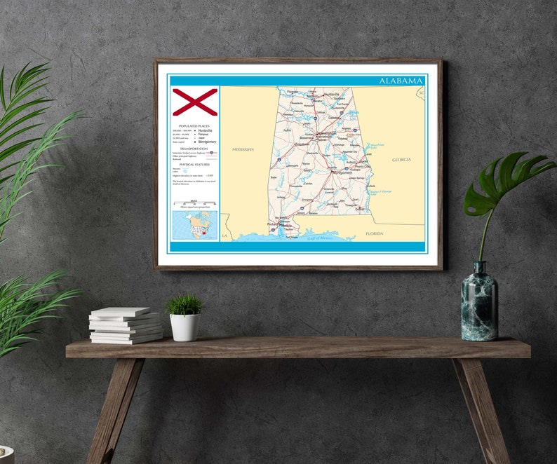 United States Poster USA Atlas Map Alabama Wall Art / Home Office Wall ...