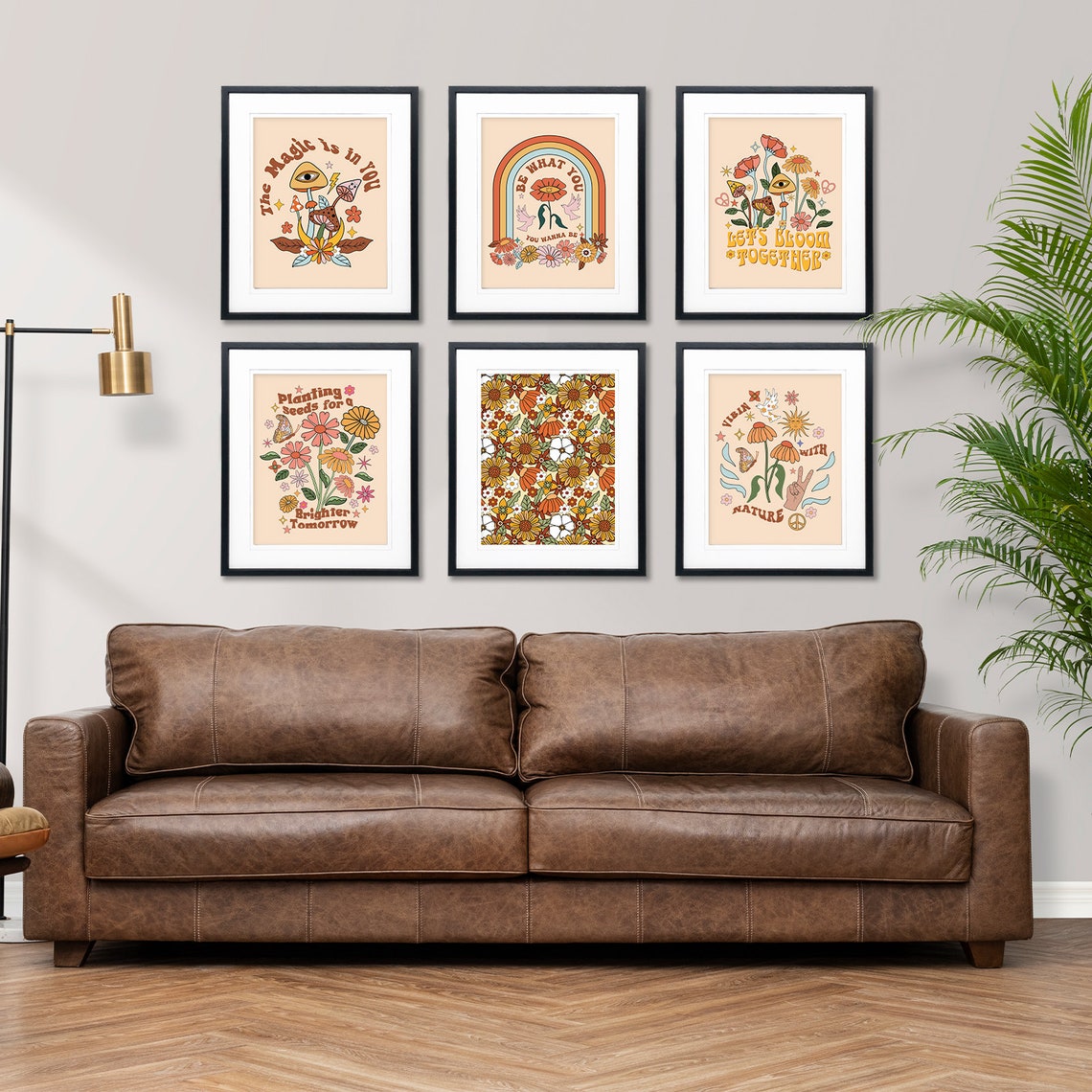 Retro Groovy Floral Set of 6 Positive Quote Motivational Posters ...