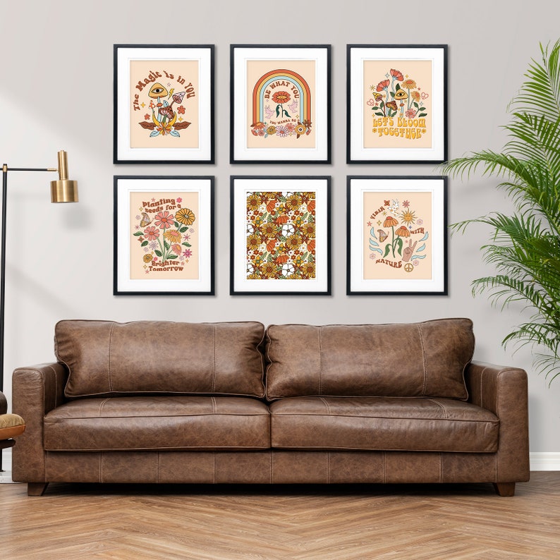 Retro Groovy Floral Set of 6 Positive Quote Motivational Posters ...