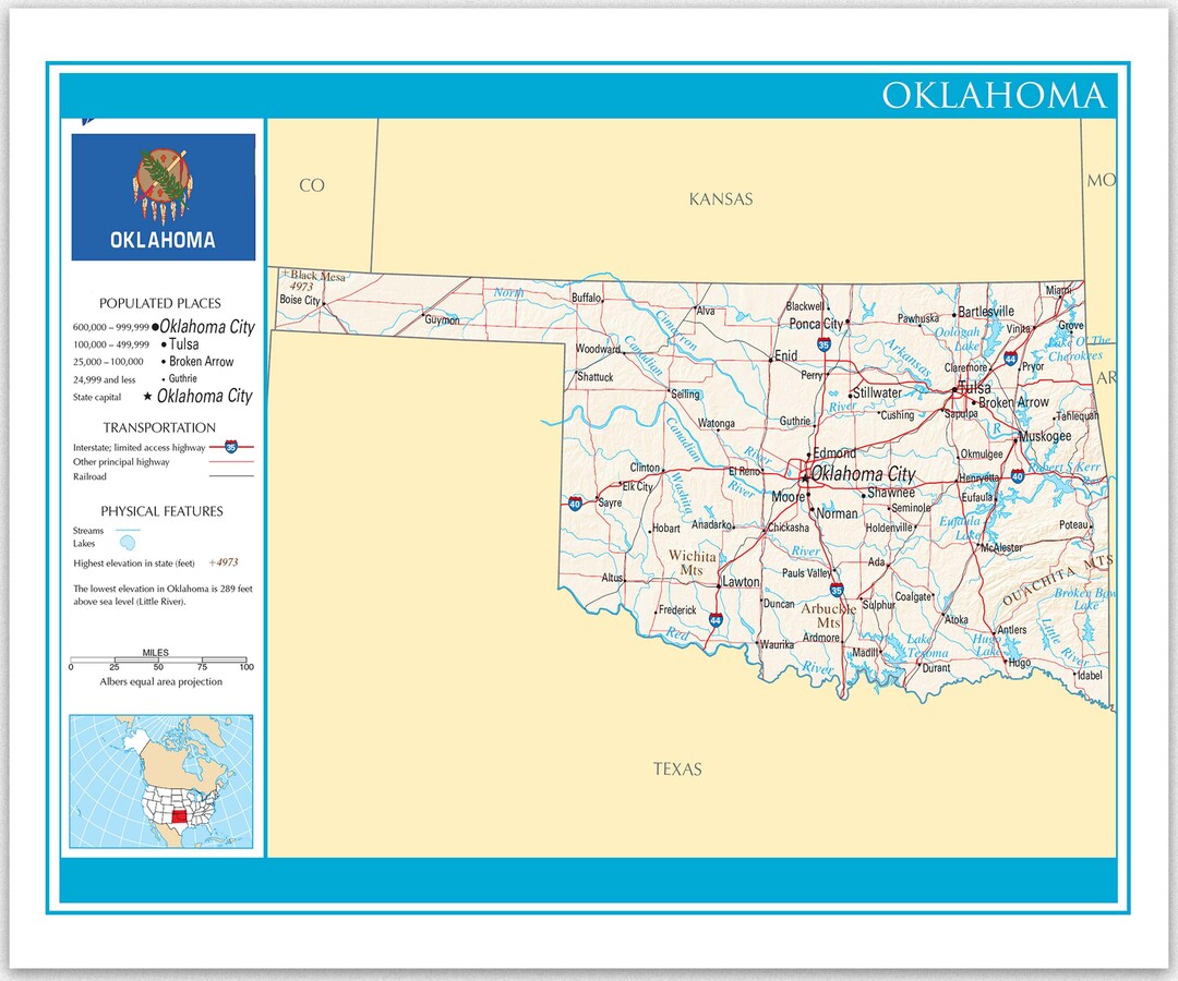 Atlas Map of United States Oklahoma Poster Modern States and Capitals ...