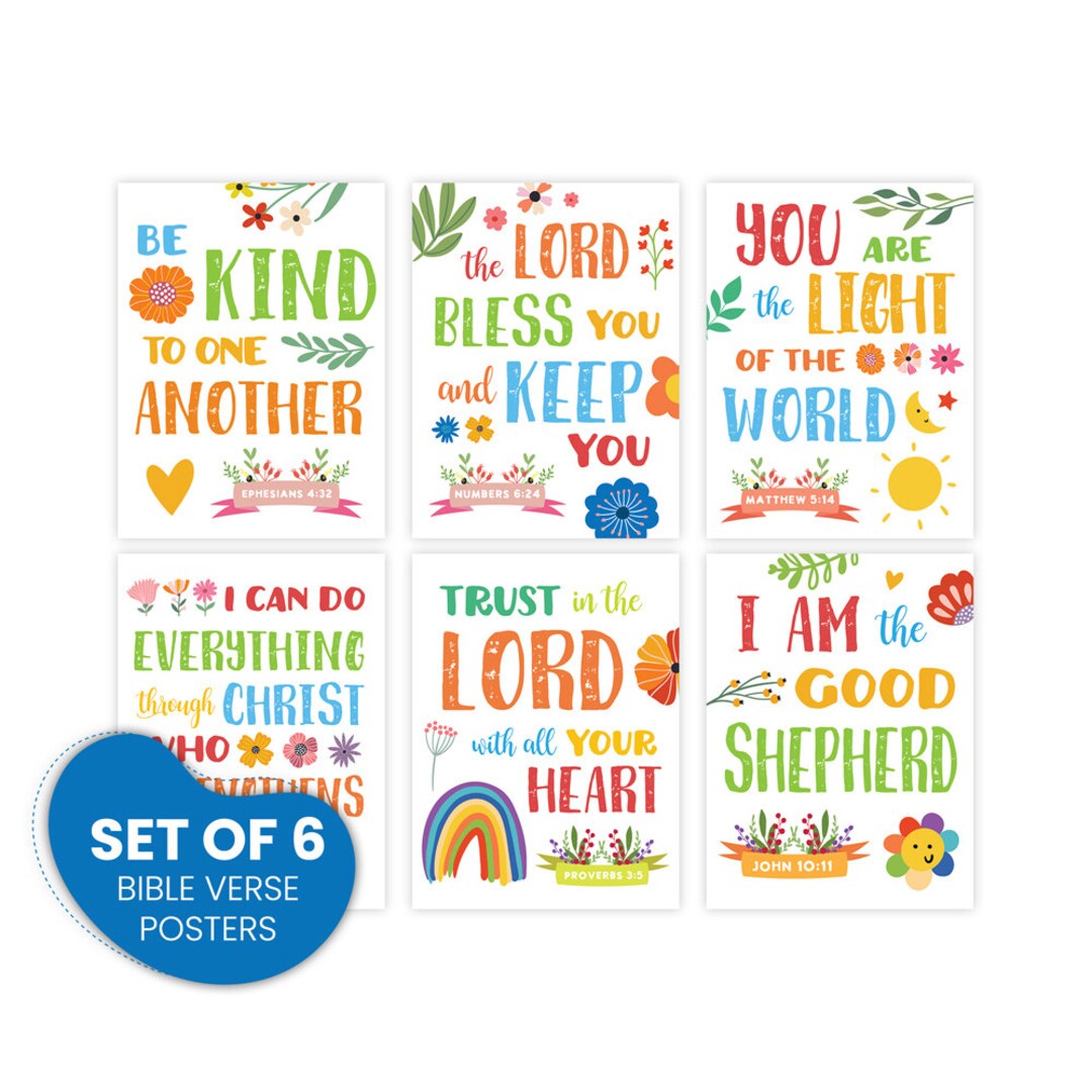 Bible Verse Posters Set of 6 - Christian Wall Art for Kids, Nursery ...