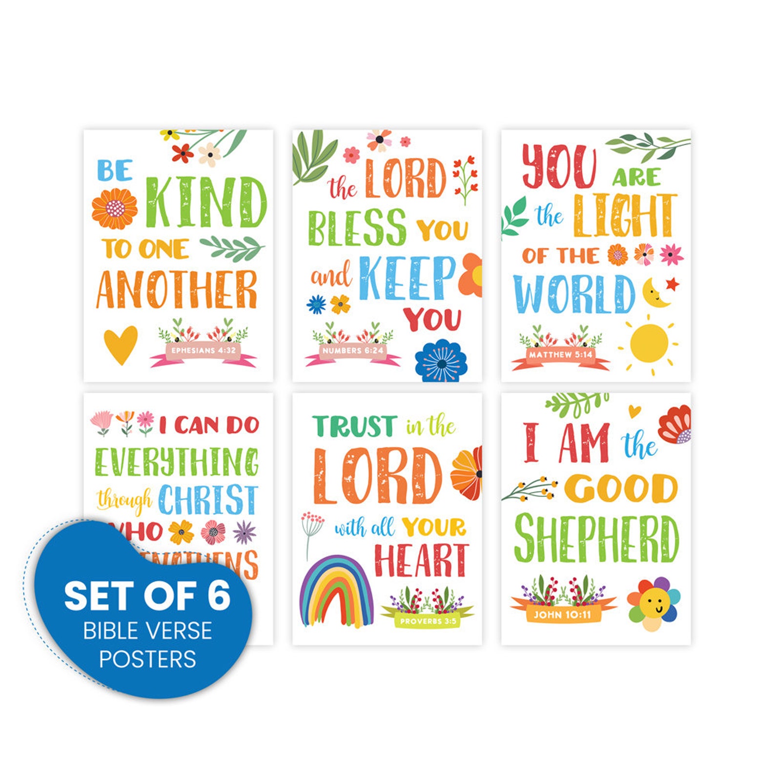 Bible Verse Posters Set of 6 - Christian Wall Art for Kids, Nursery ...