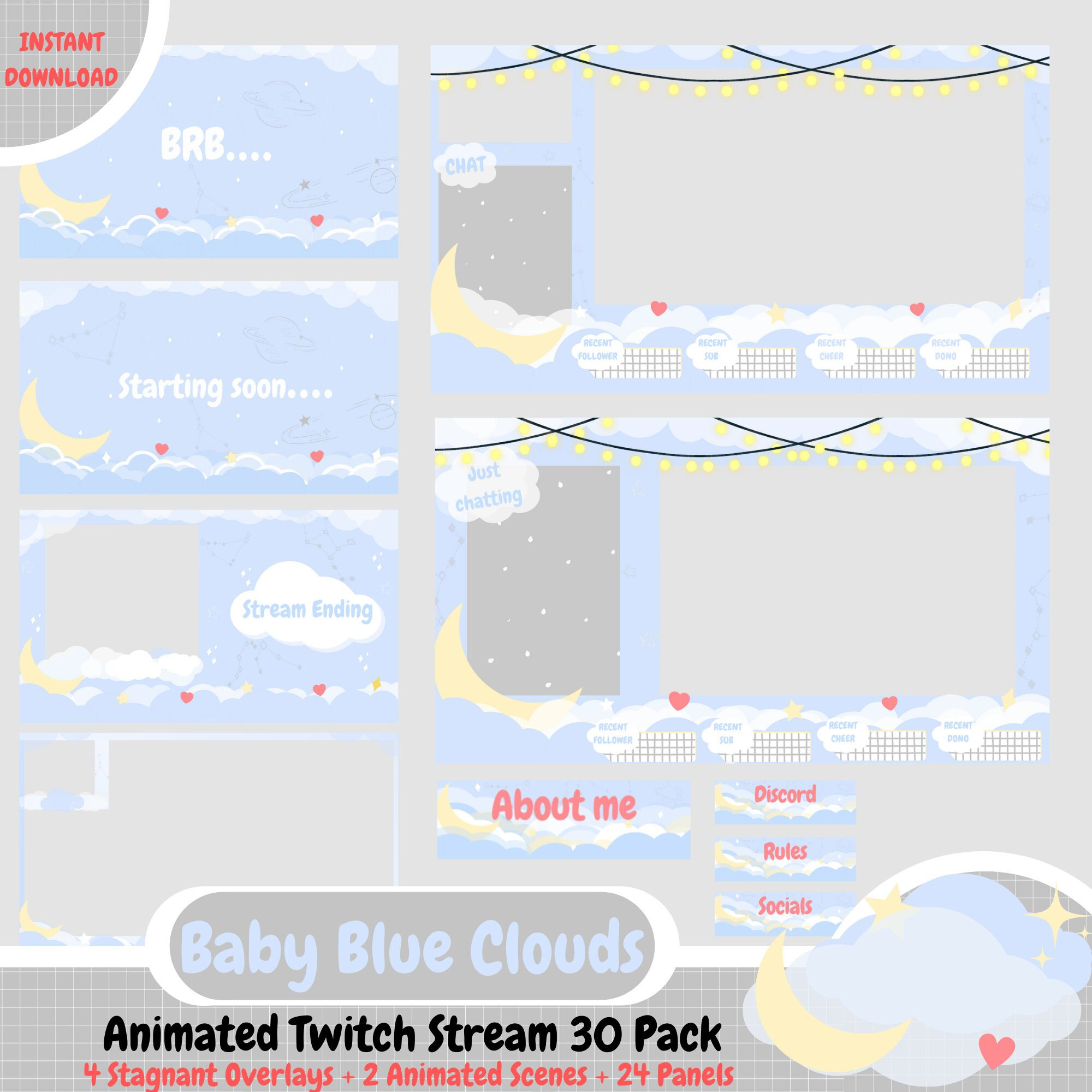 Animated Baby Blue Pastel Clouds Twitch Package Overlays, Panels and ...