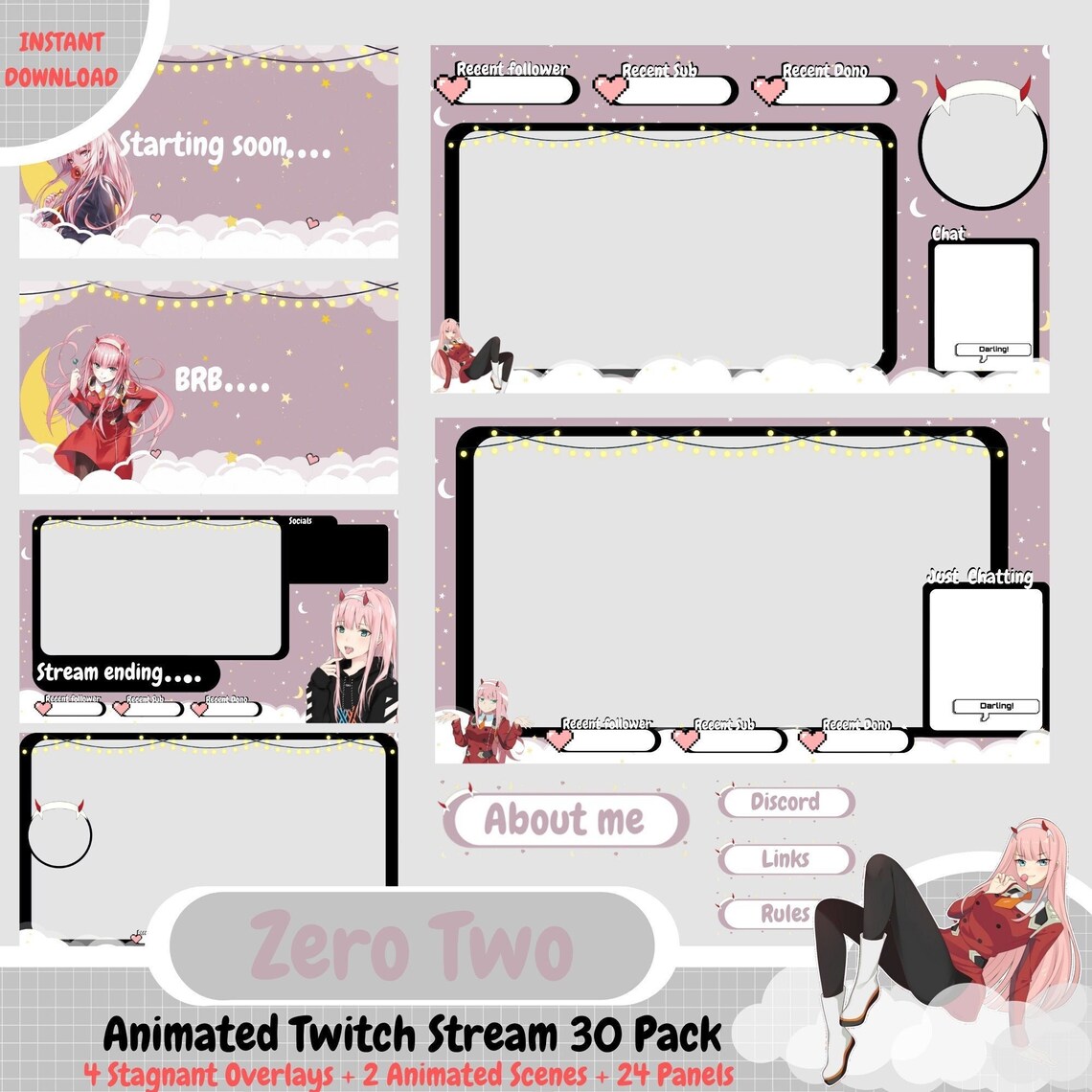 Animated Zero Two 02 Clouds Twitch Package ,overlays, Panels and Scenes ...