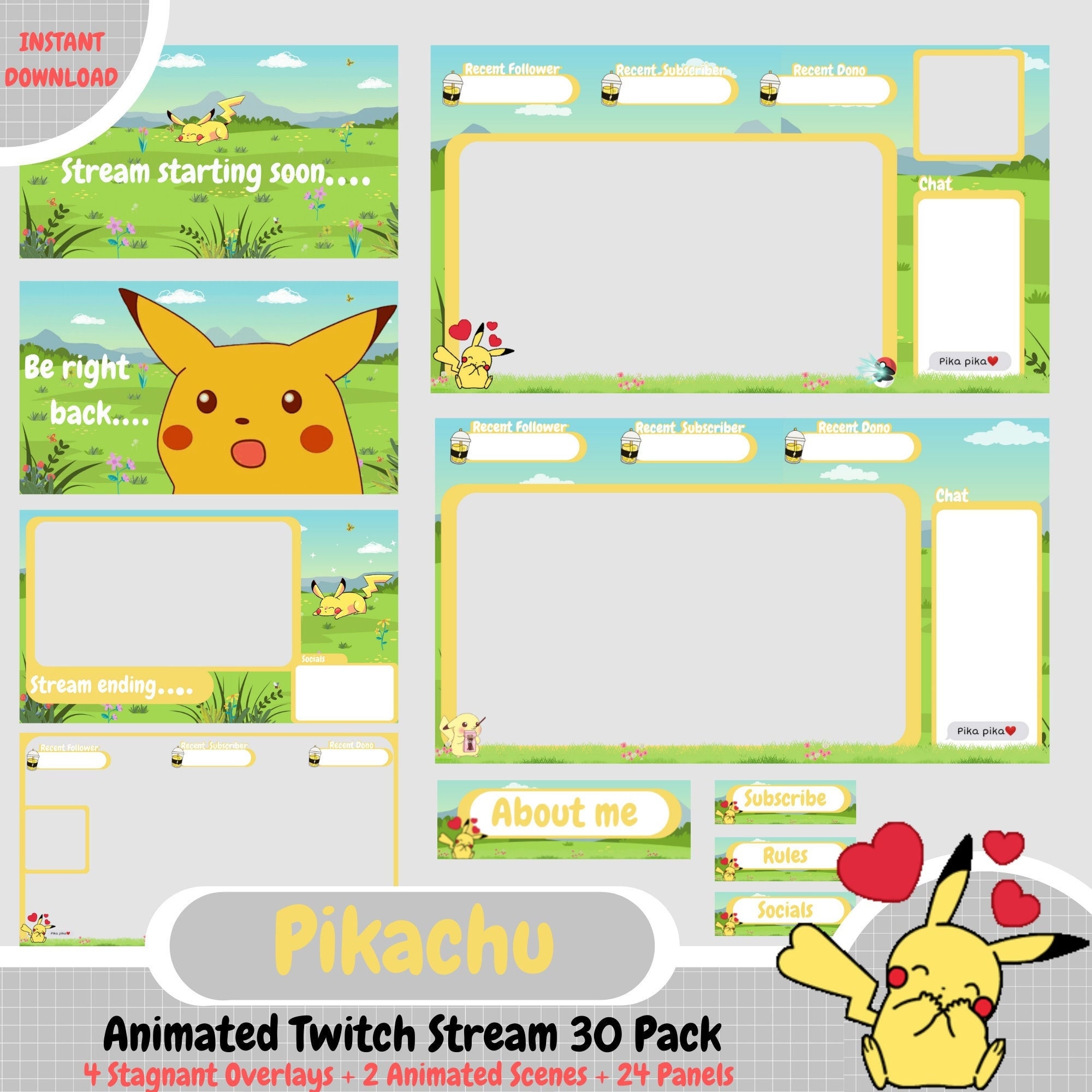 Animated Pokemon Pikachu Twitch Package Overlays, Panels, Matching ...