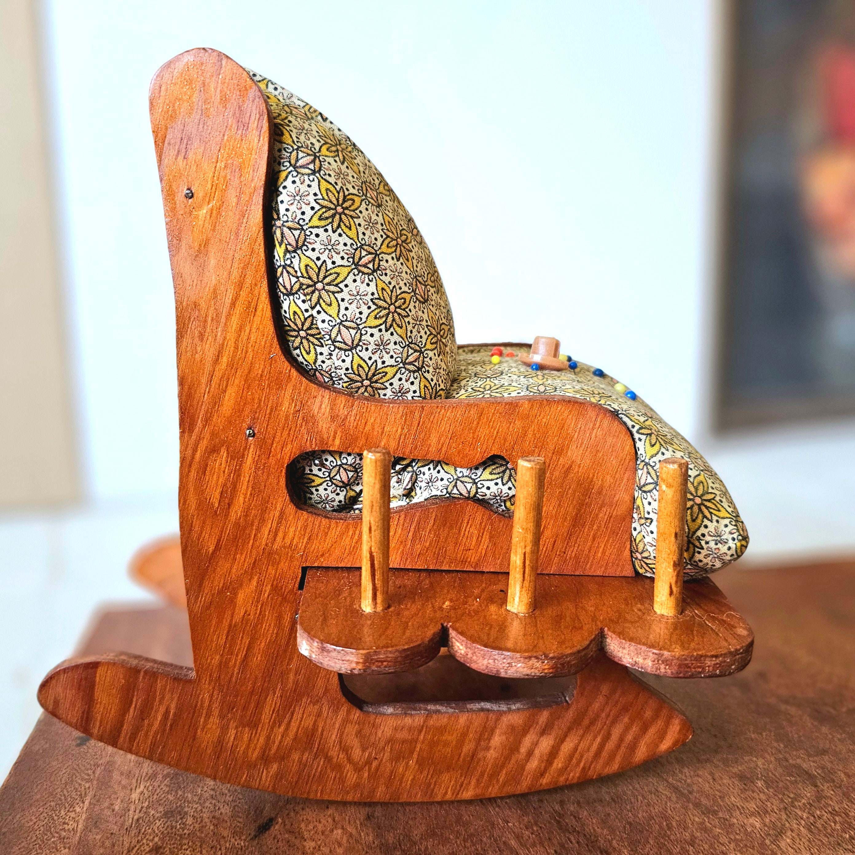 Vintage Hand Crafted Rocking Chair Pin Cushion Thread Spool Holder Mid ...