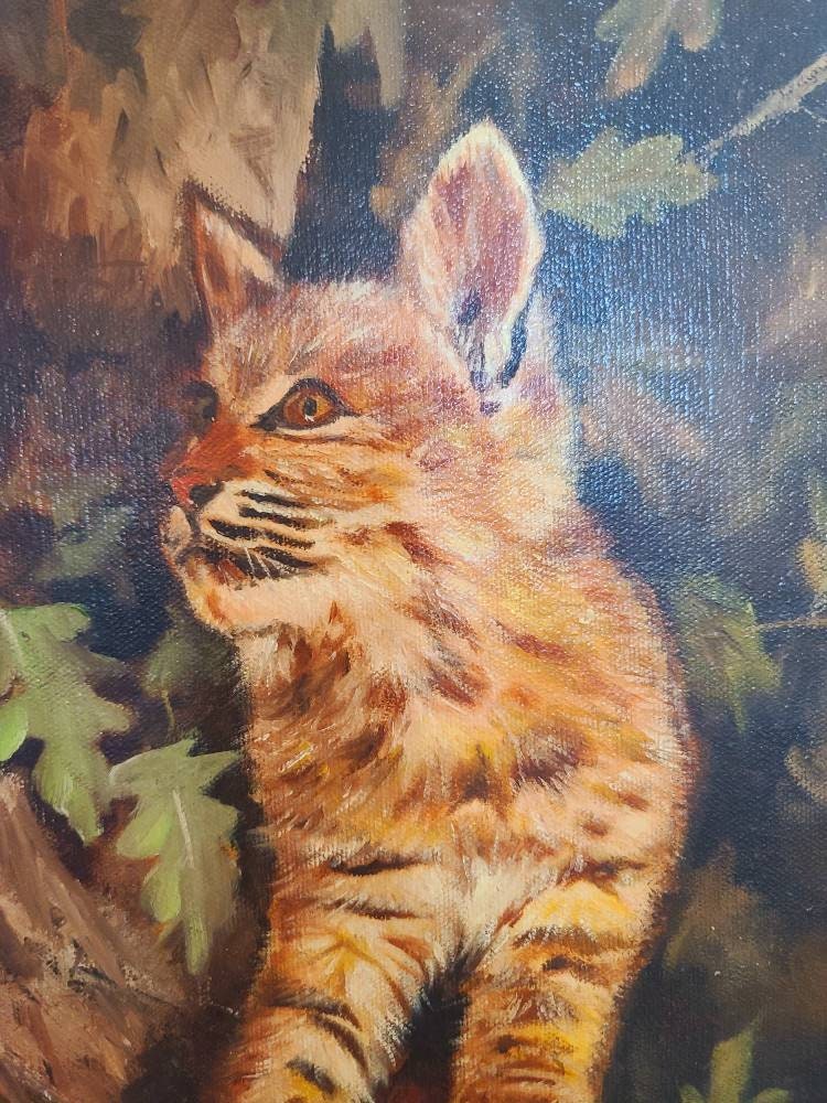 SIGNED Painting of a Gazing Wildcat Cub on a Twisted Oak Tree - Etsy